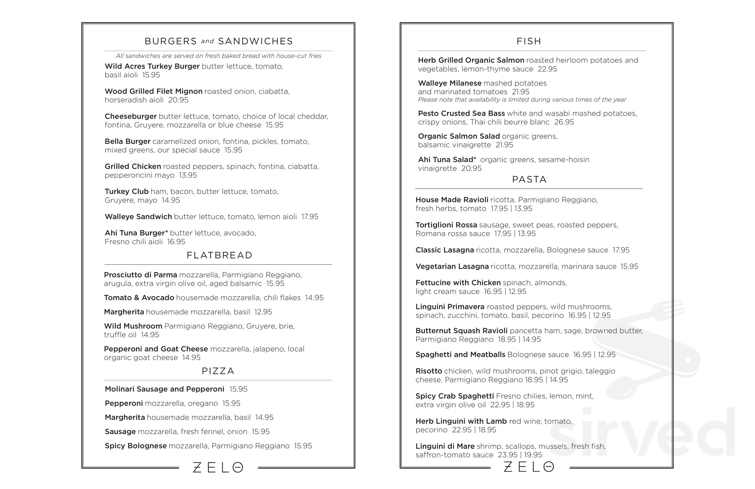 Zelo menu in Minneapolis, Minnesota, USA