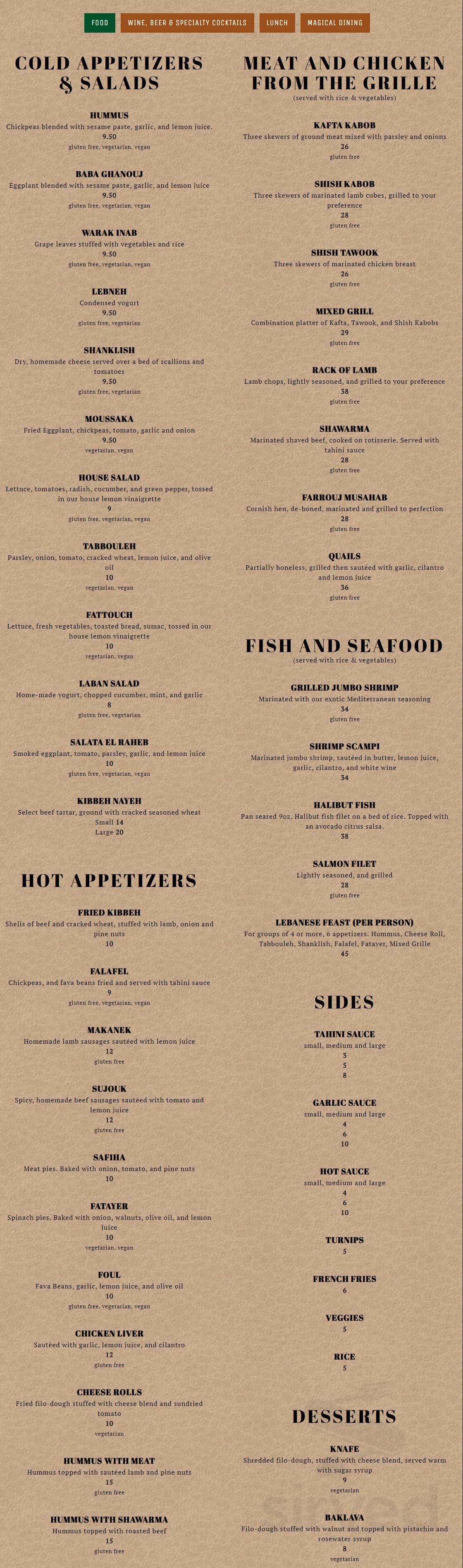 Menu - Orlando FL's Cedars Restaurant | Sirved