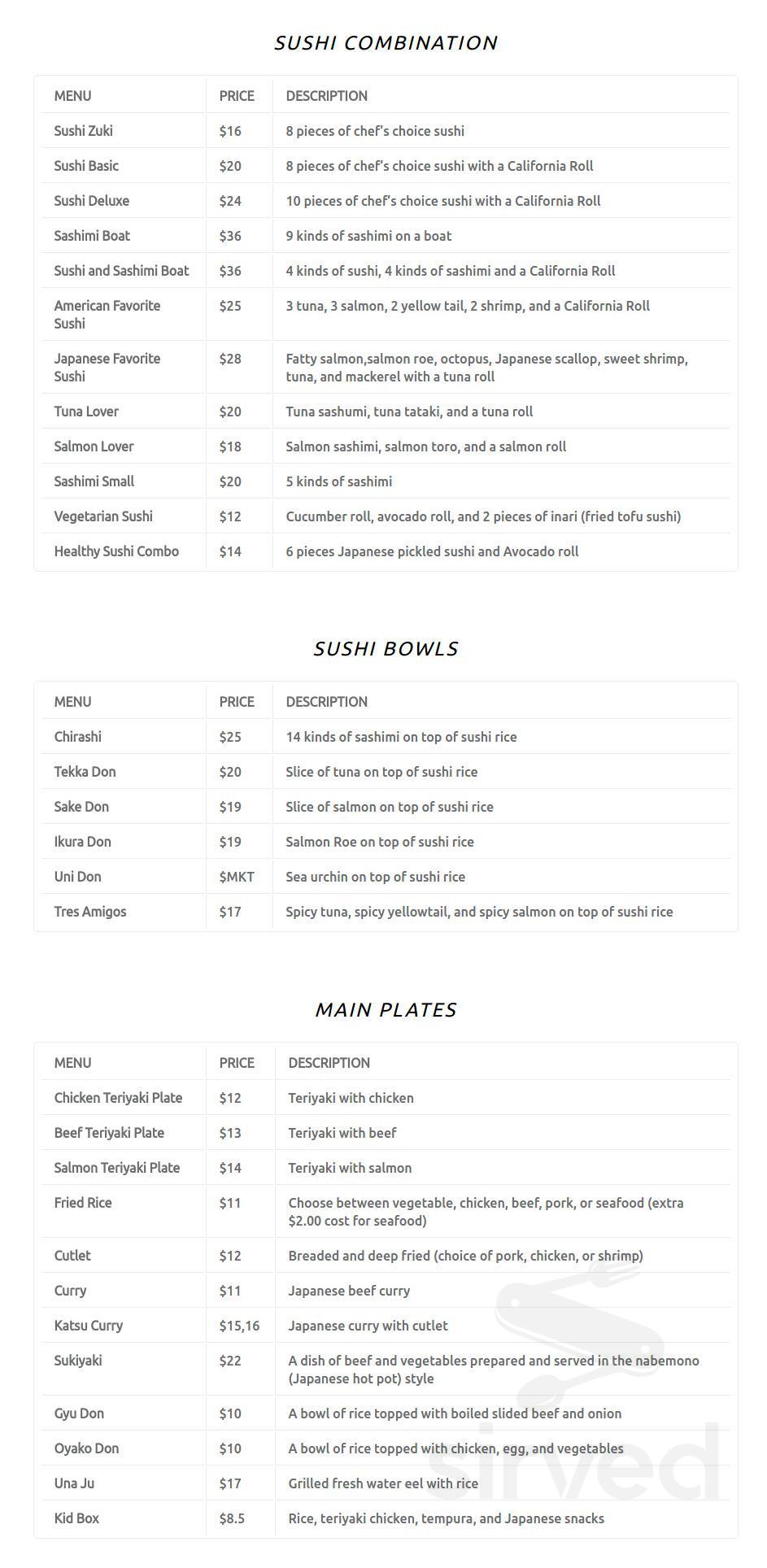 Sushi Zona menu in Tucson, Arizona, USA