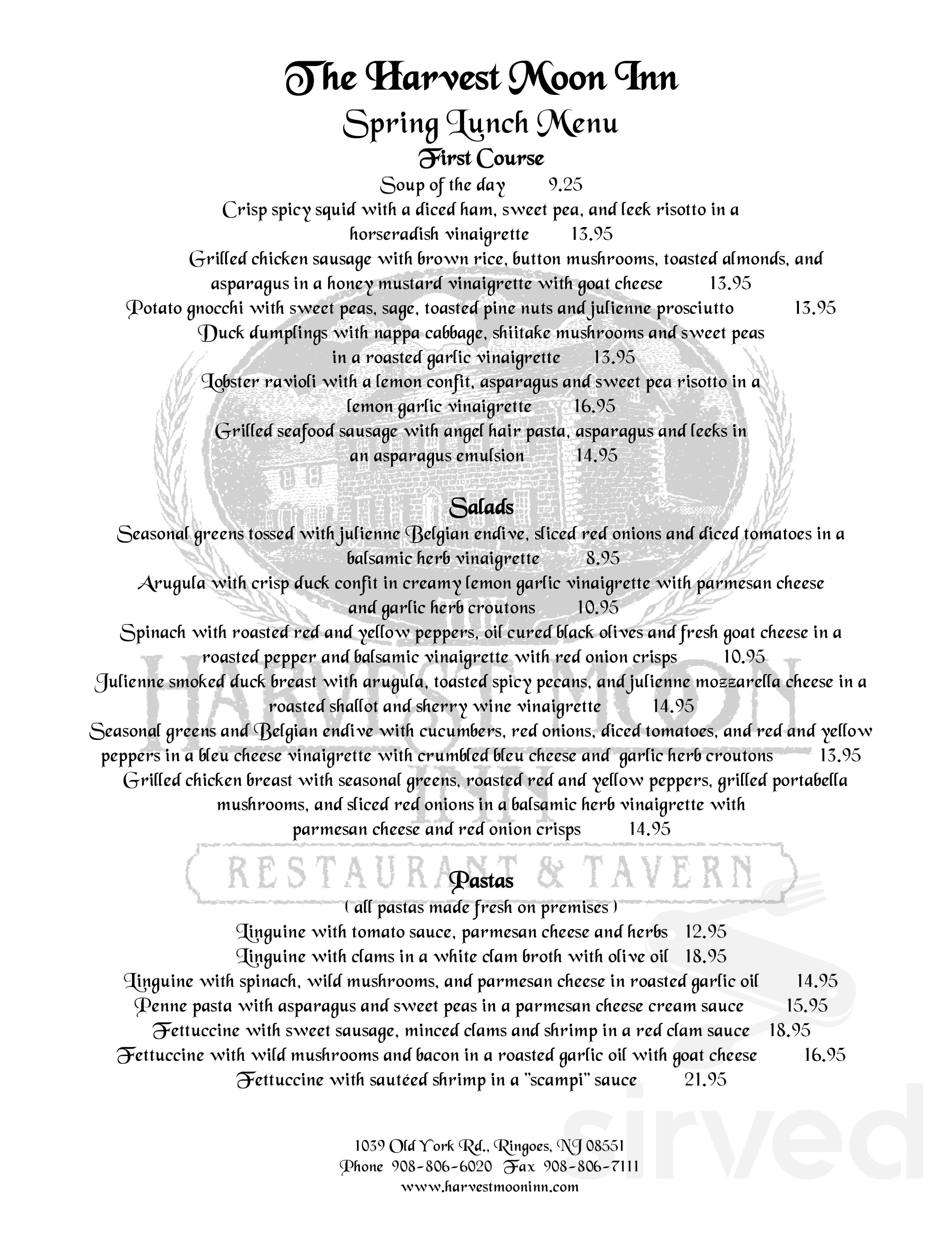 The Harvest Moon Inn menu in Ringoes, New Jersey, USA