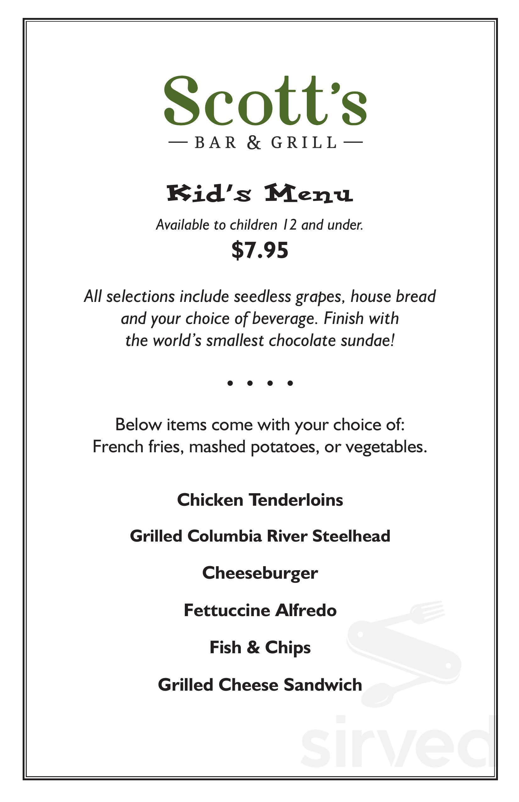 Scott's Bar & Grill menu in Edmonds, Washington, USA