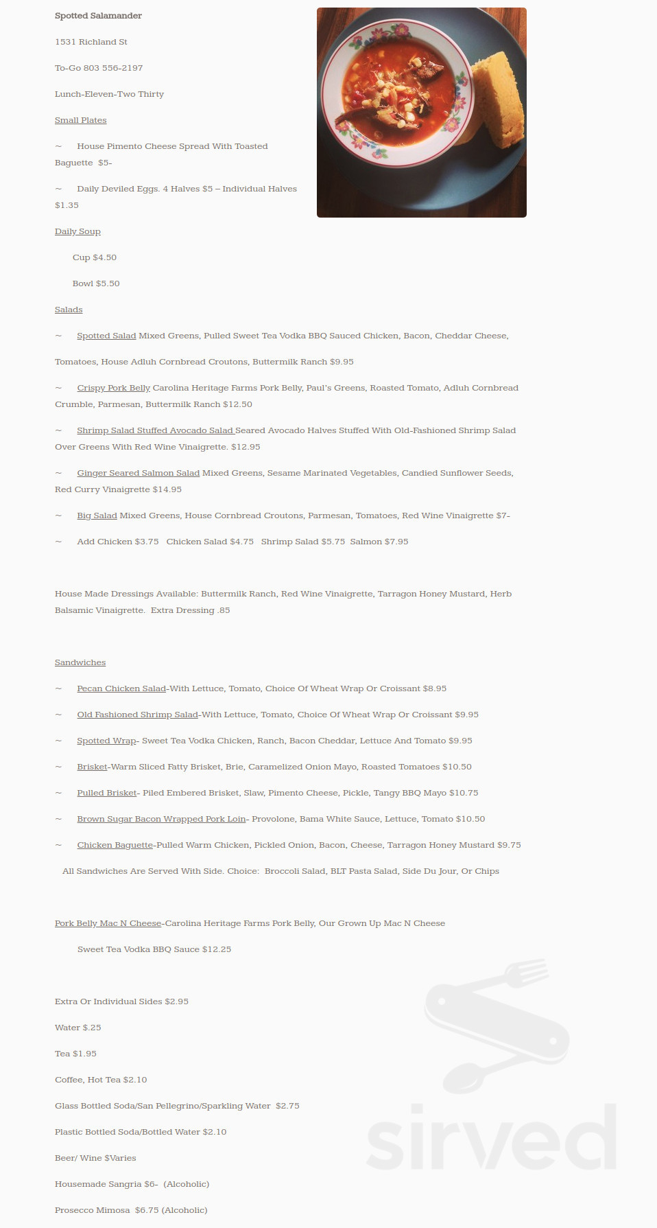 Menu for Spotted Salamander Cafe And Catering in Columbia, SC | Sirved