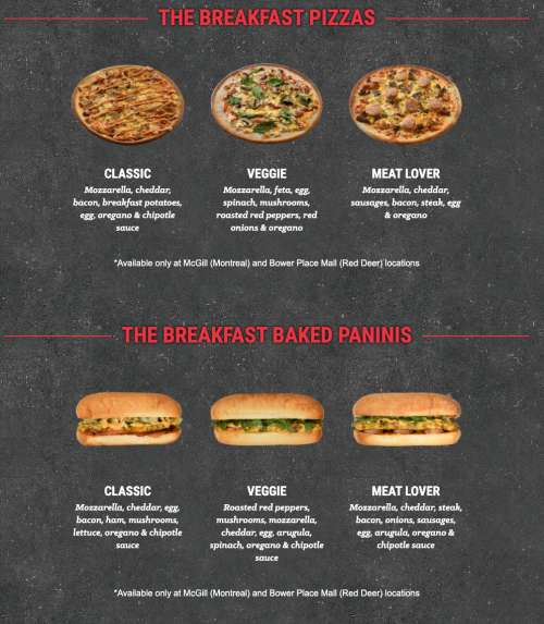 Pannizza menu in Montreal, Quebec, Canada