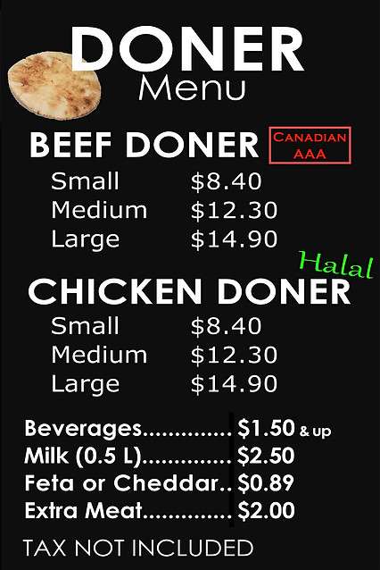 Doner House menu in Waterloo, Ontario, Canada