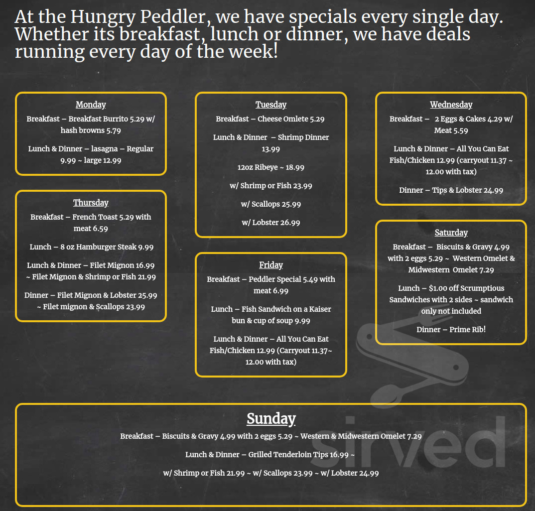 Hungry Peddler menu in La Crosse, Wisconsin, USA
