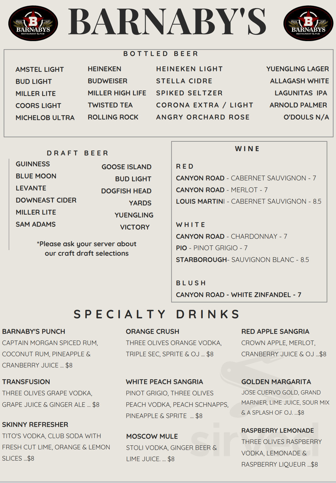 Barnaby's West Chester menu in West Chester, Pennsylvania, USA