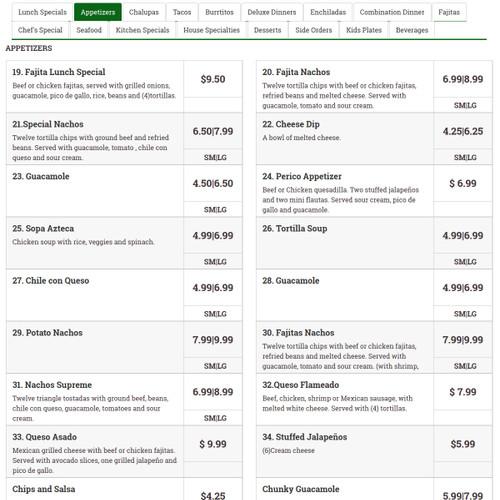 Los Pericos menu in Huntsville, Texas, USA