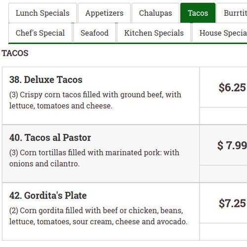 Los Pericos menu in Huntsville, Texas, USA