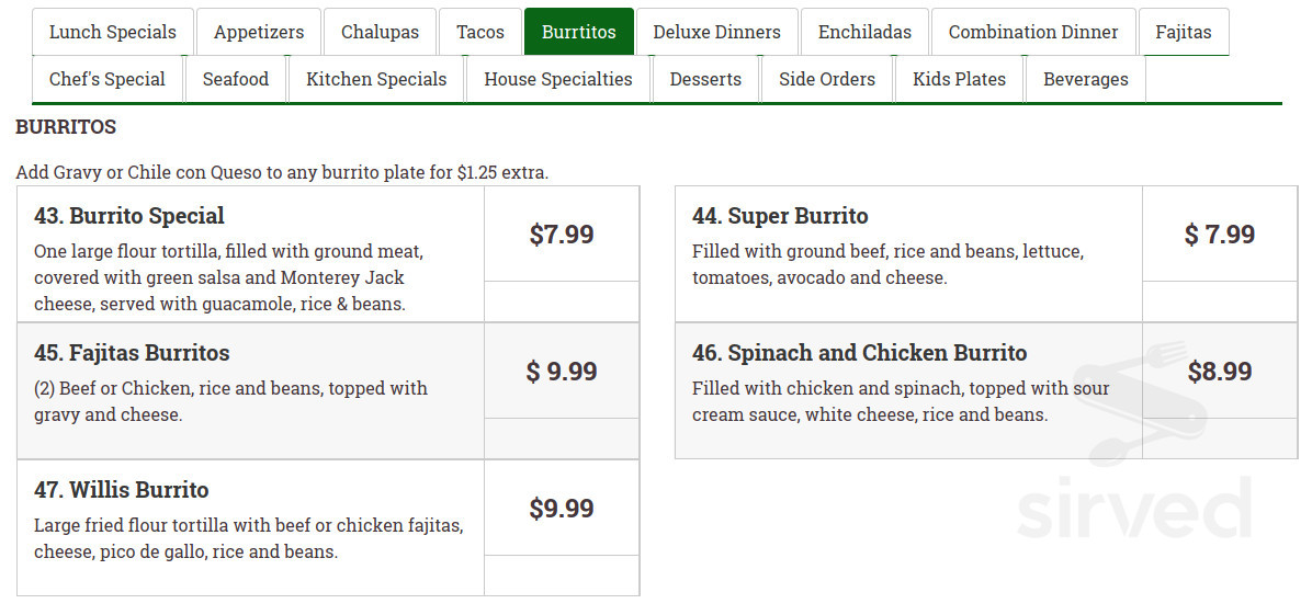 Los Pericos menu in Willis, Texas, USA