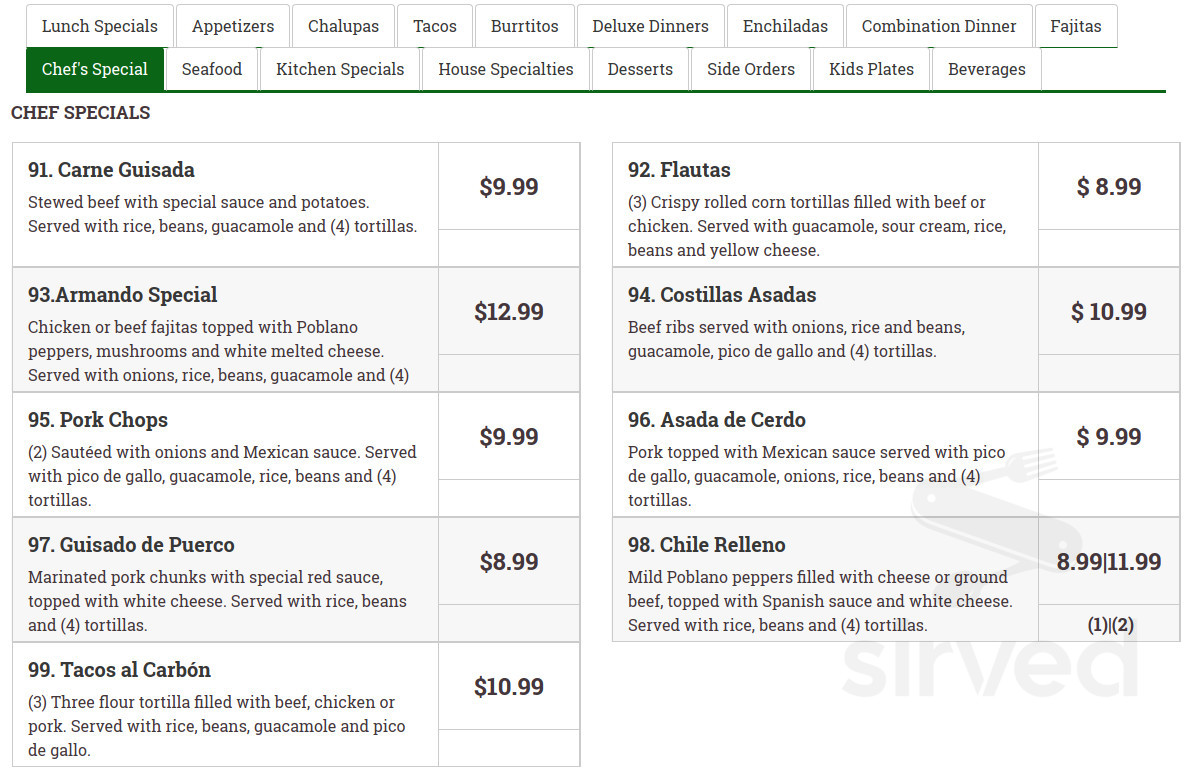 Los Pericos menu in Huntsville, Texas, USA