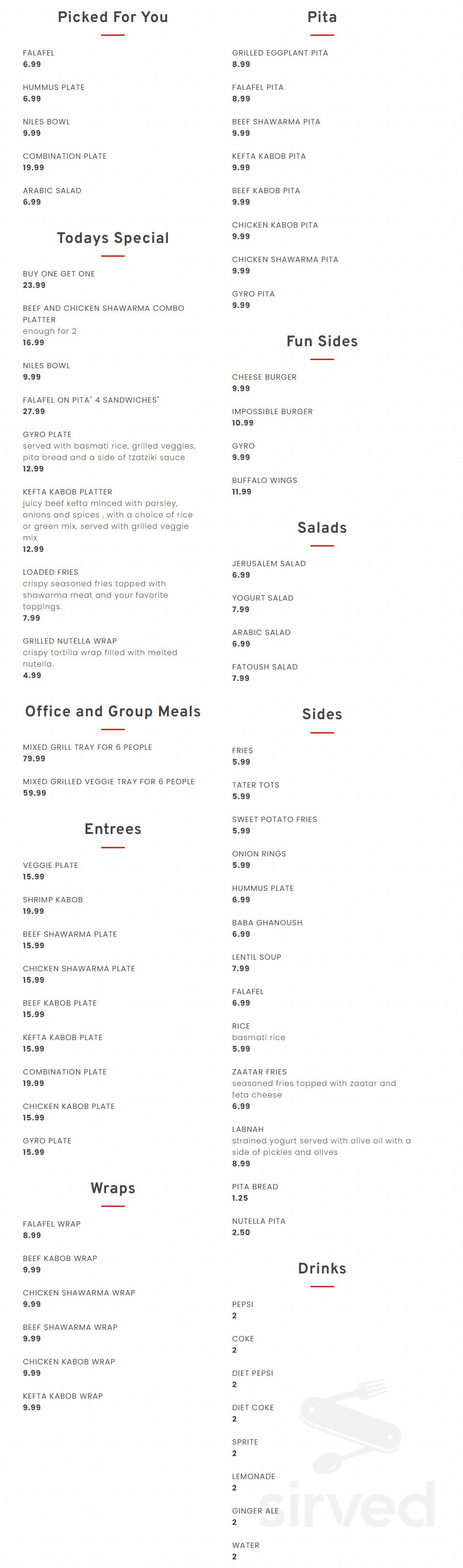 Niles Mediterranean Grill menu in Chicago, Illinois, USA