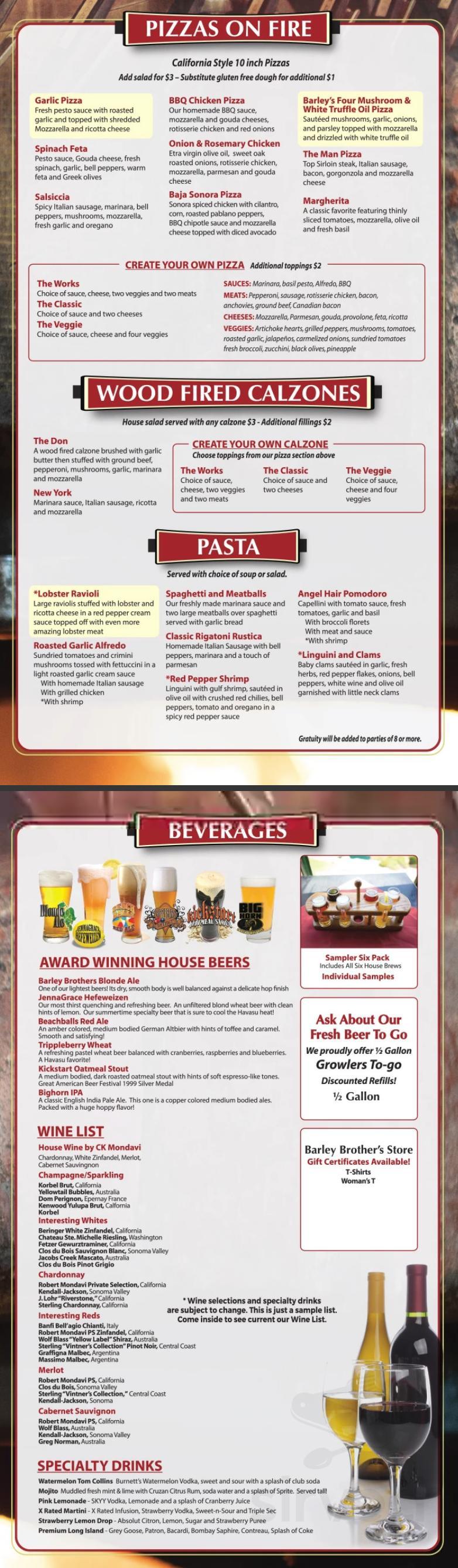 Barley Brothers Brewery menu in Lake Havasu City, Arizona, USA