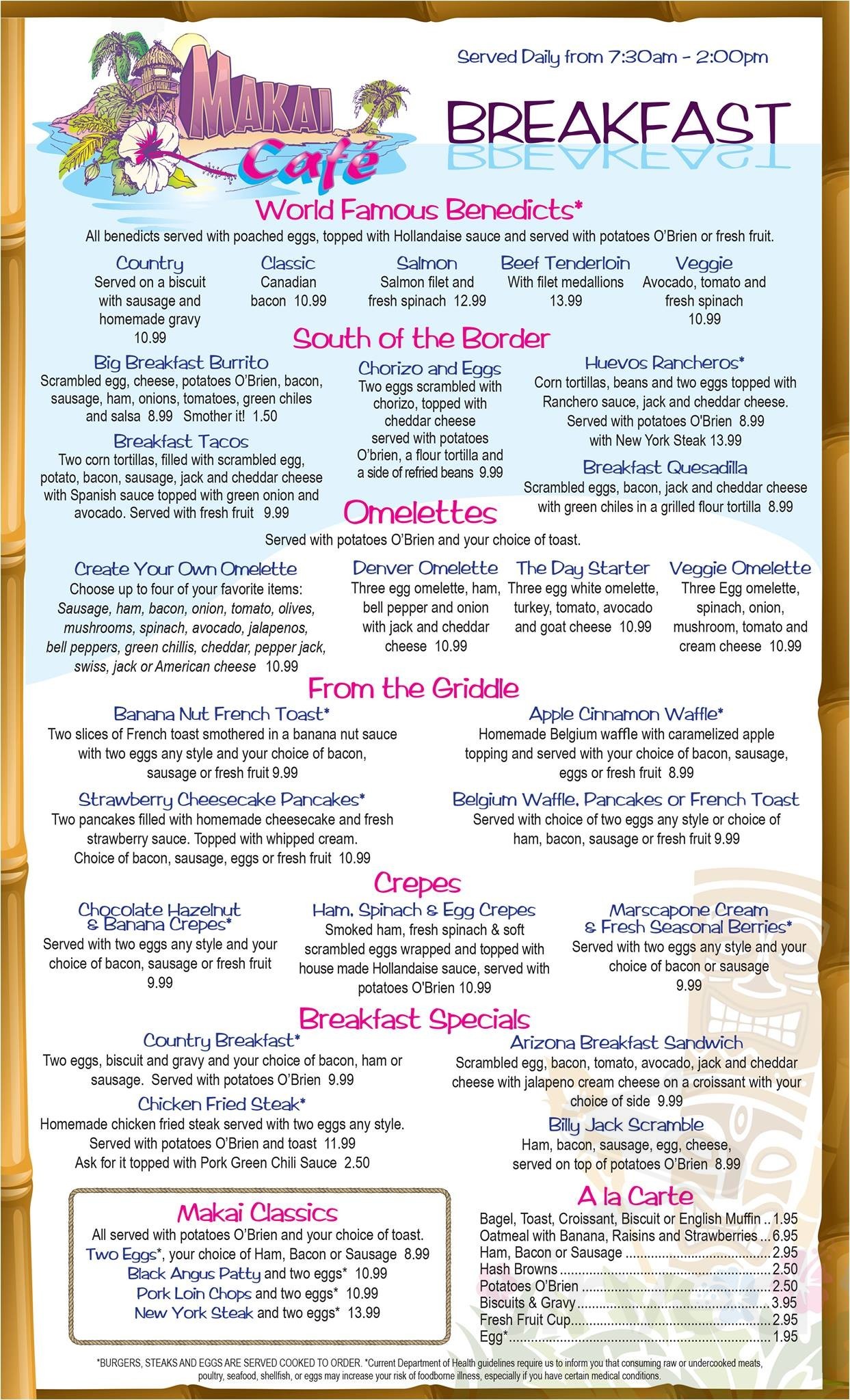 Makai Cafe menu in Lake Havasu City, Arizona, USA