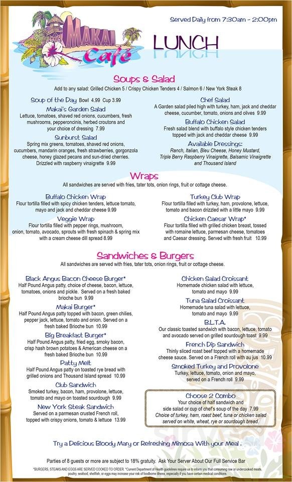 Makai Cafe menu in Lake Havasu City, Arizona, USA