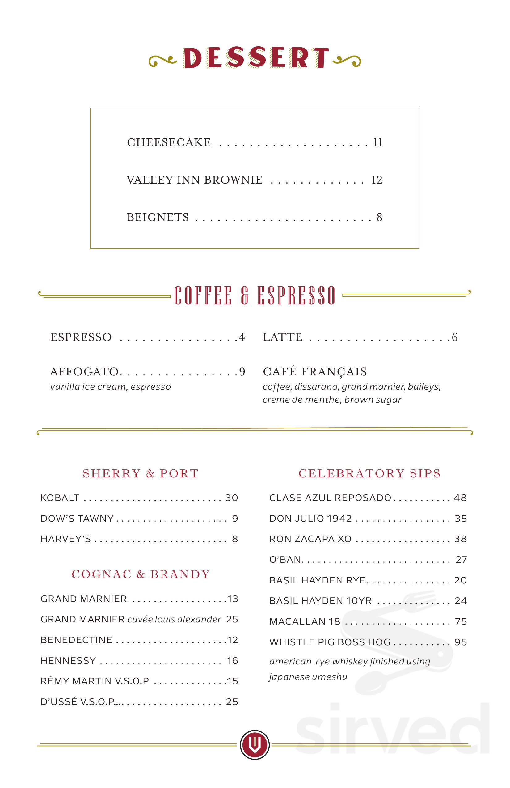 The Valley Inn menu in Timonium, Maryland, USA