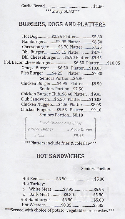 Menu - Minto NB's Omega Restaurant Ltd | Sirved
