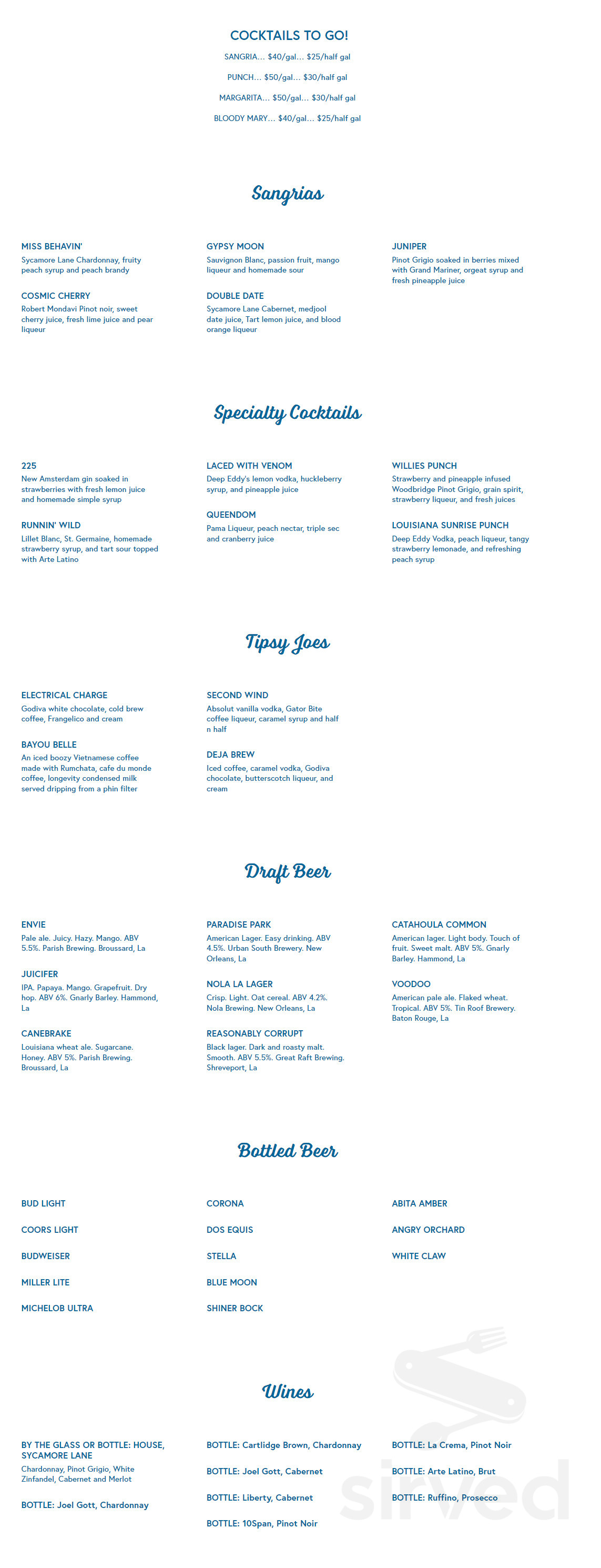 Willie's Restaurant menu in Baton Rouge, Louisiana, USA