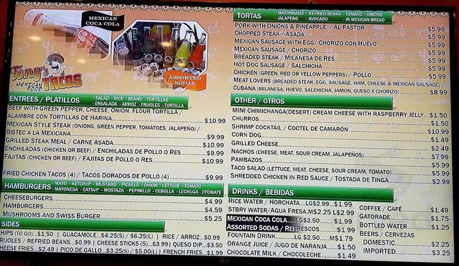 Tony's Tacos menus in Normal, Illinois, United States