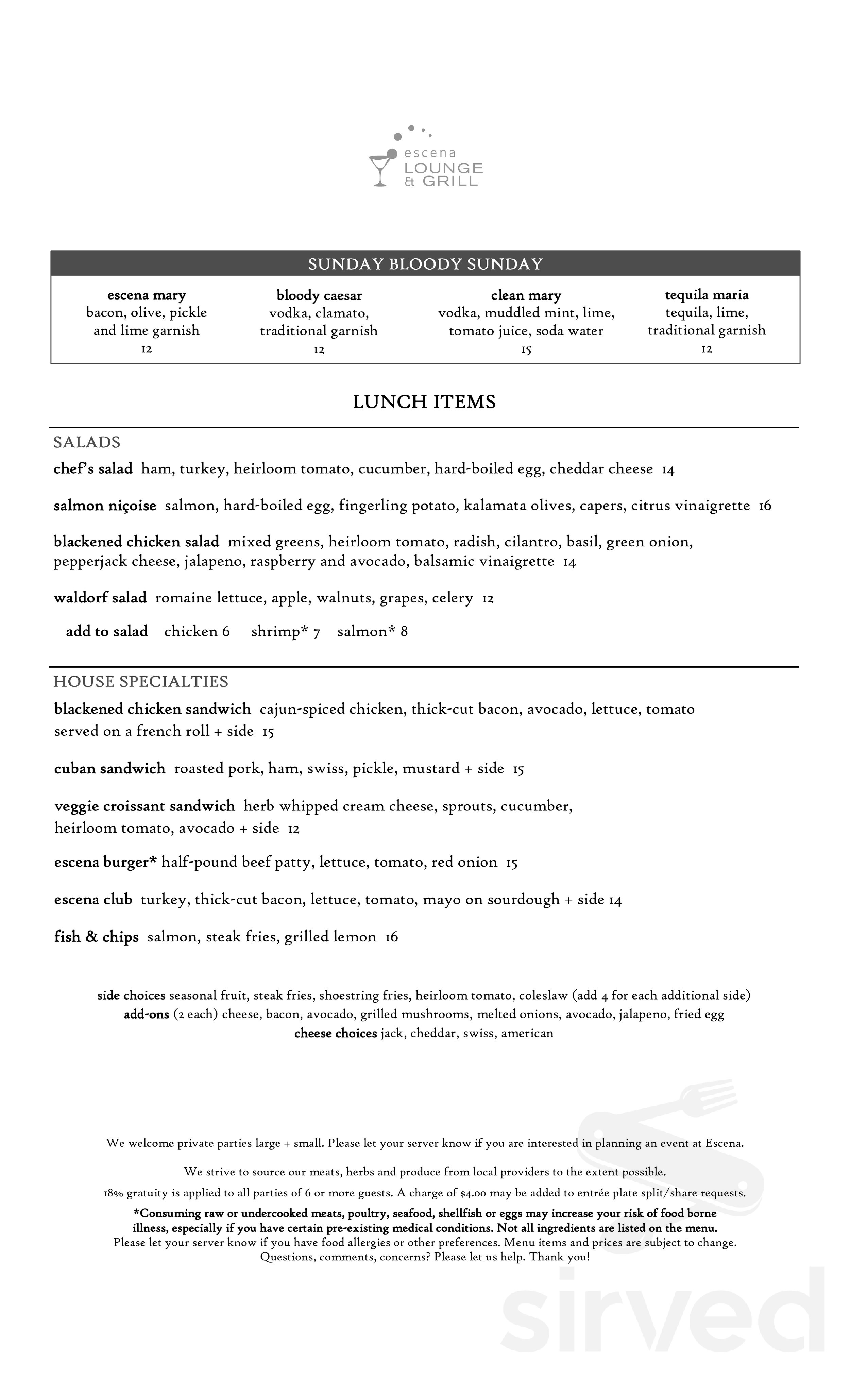 Menu - Palm Springs CA's Escena Lounge & Grill | Sirved