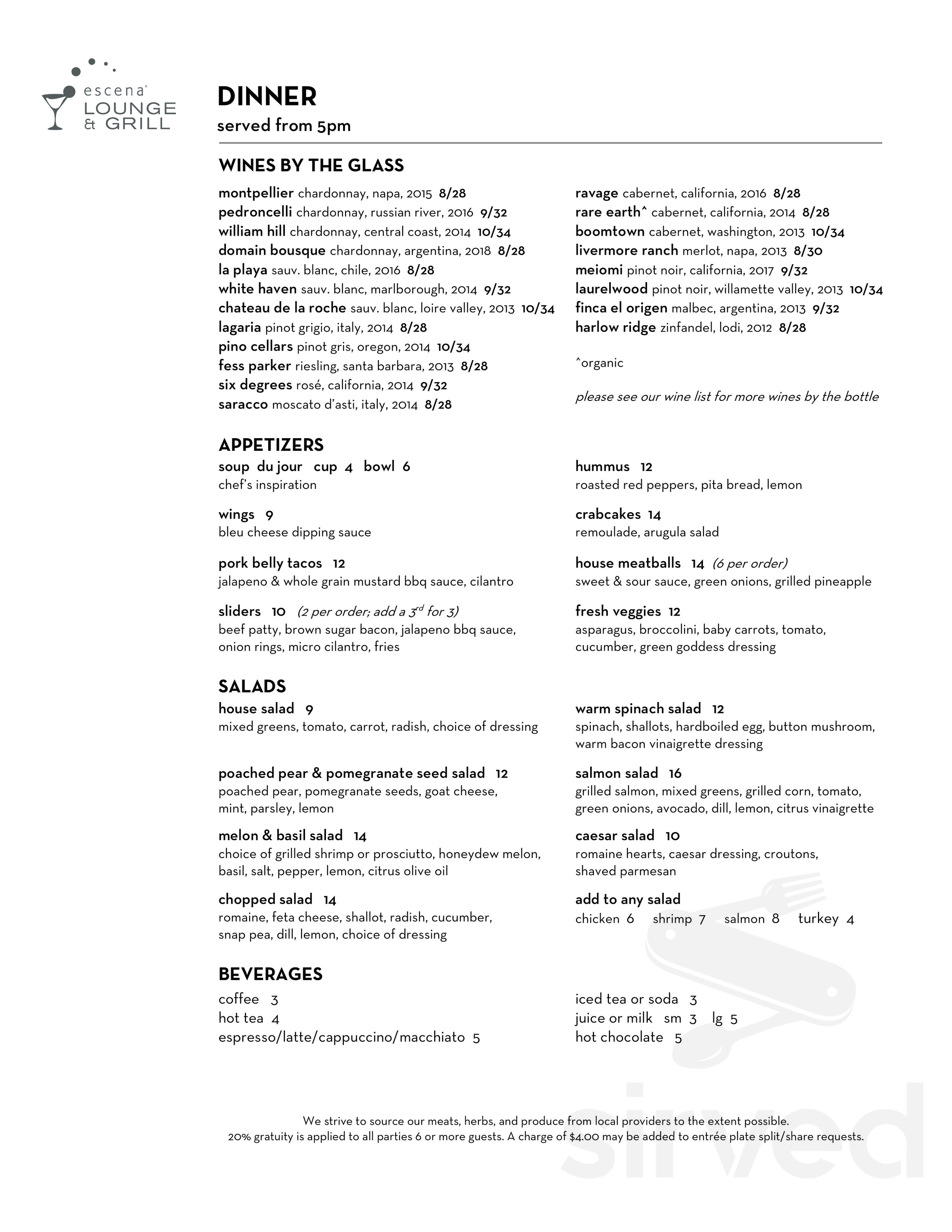 Menu - Palm Springs CA's Escena Lounge & Grill | Sirved