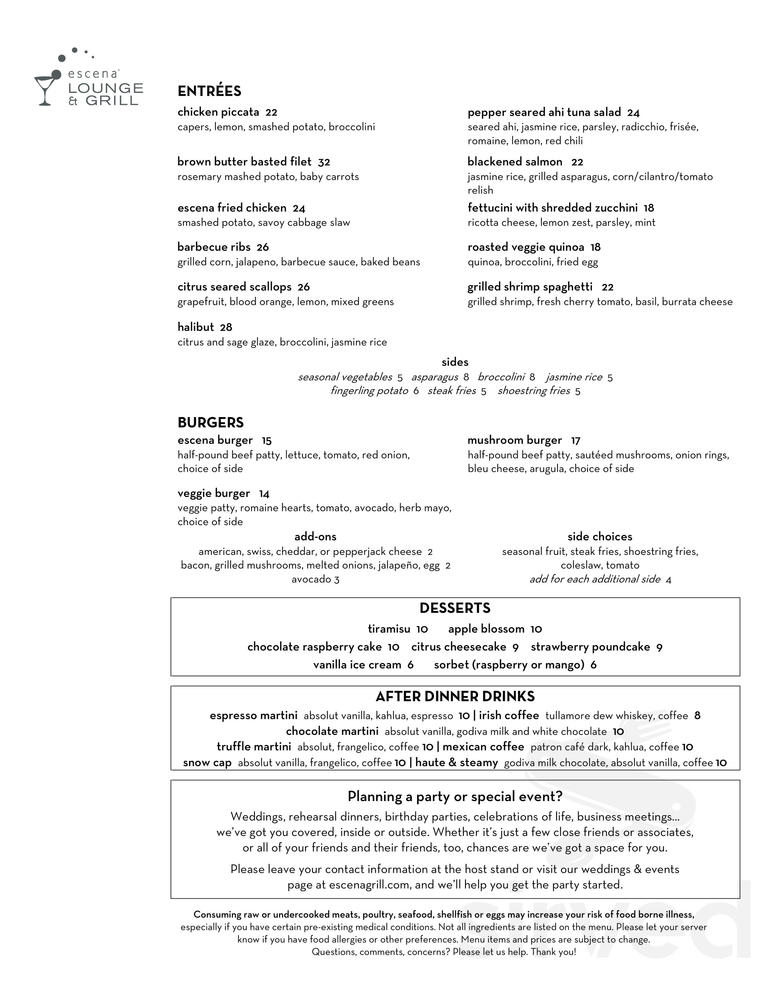 Menu - Palm Springs CA's Escena Lounge & Grill | Sirved