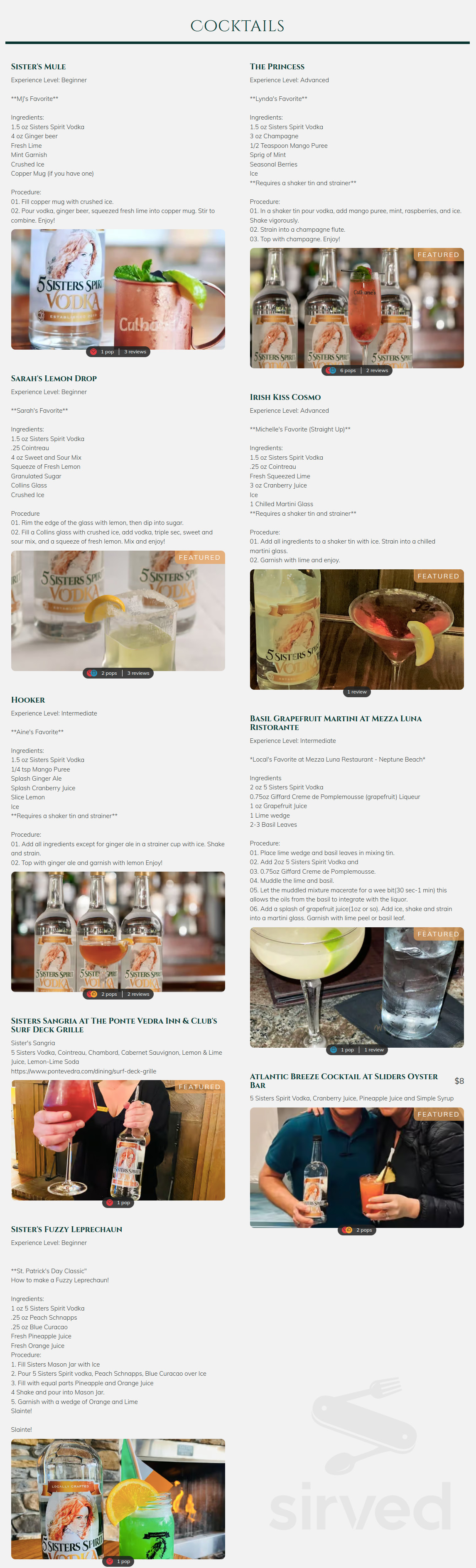 Menu for 5 Sisters Vodka in Atlantic Beach, FL | Sirved