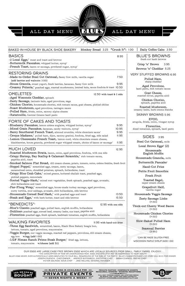 Blue's Egg menu in Shorewood, Wisconsin, USA