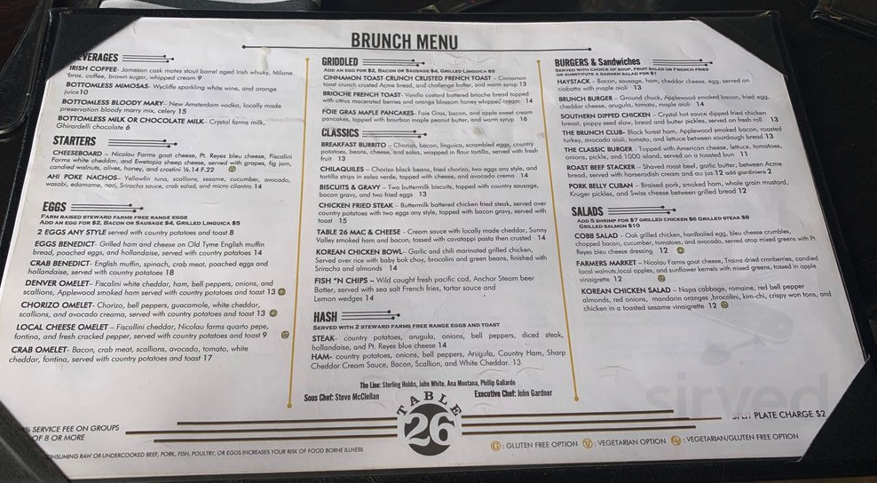 Table 26 menu in Turlock, California, USA