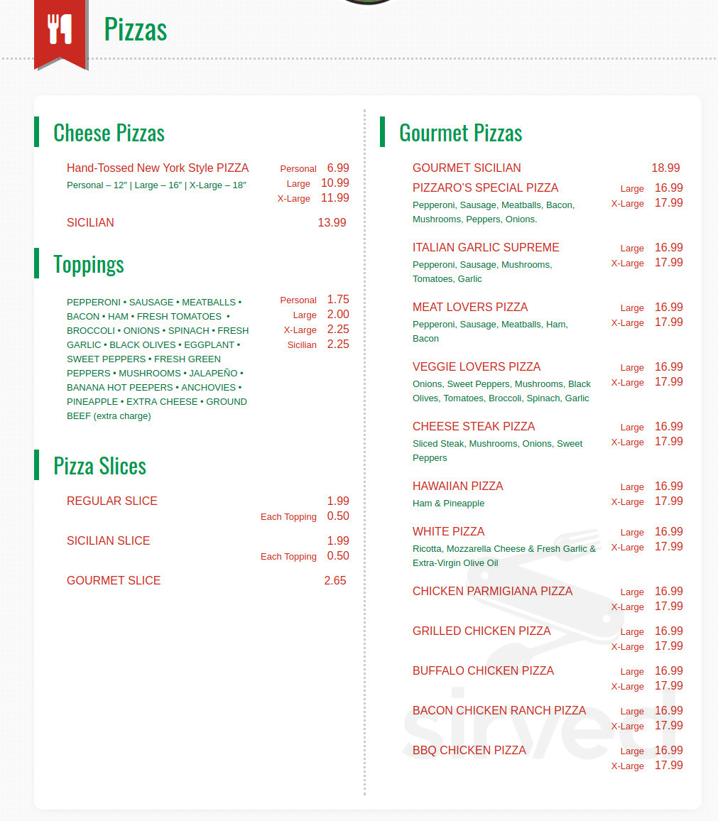 Pizzaro's menu in East Stroudsburg, Pennsylvania, USA
