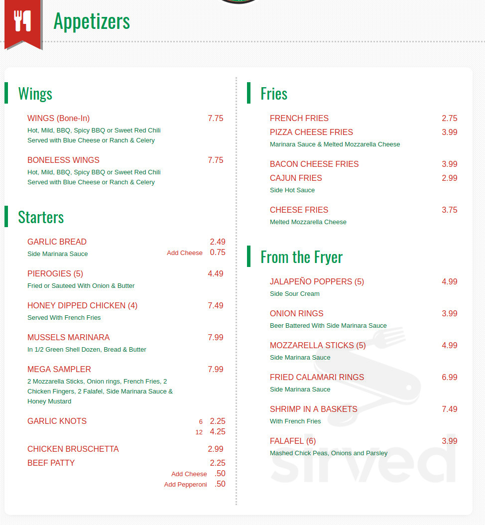 Pizzaro's menu in East Stroudsburg, Pennsylvania, USA