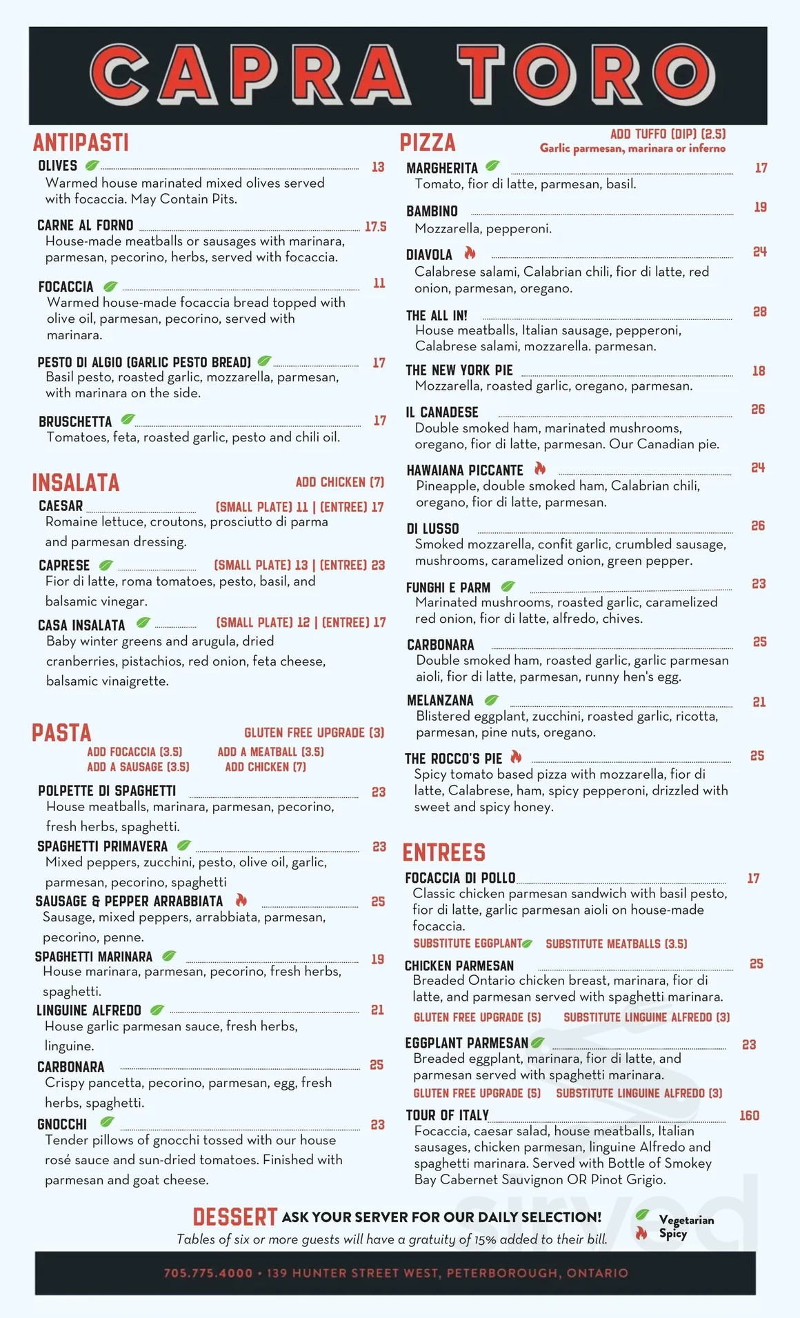 Capra Toro menu in Peterborough, Ontario, Canada