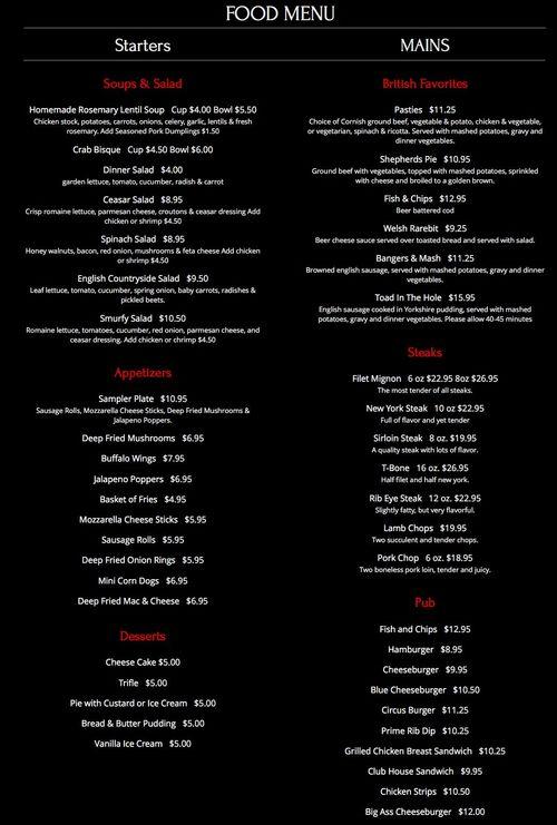 Piccadilly Circus Pub menu in Snohomish, Washington, USA