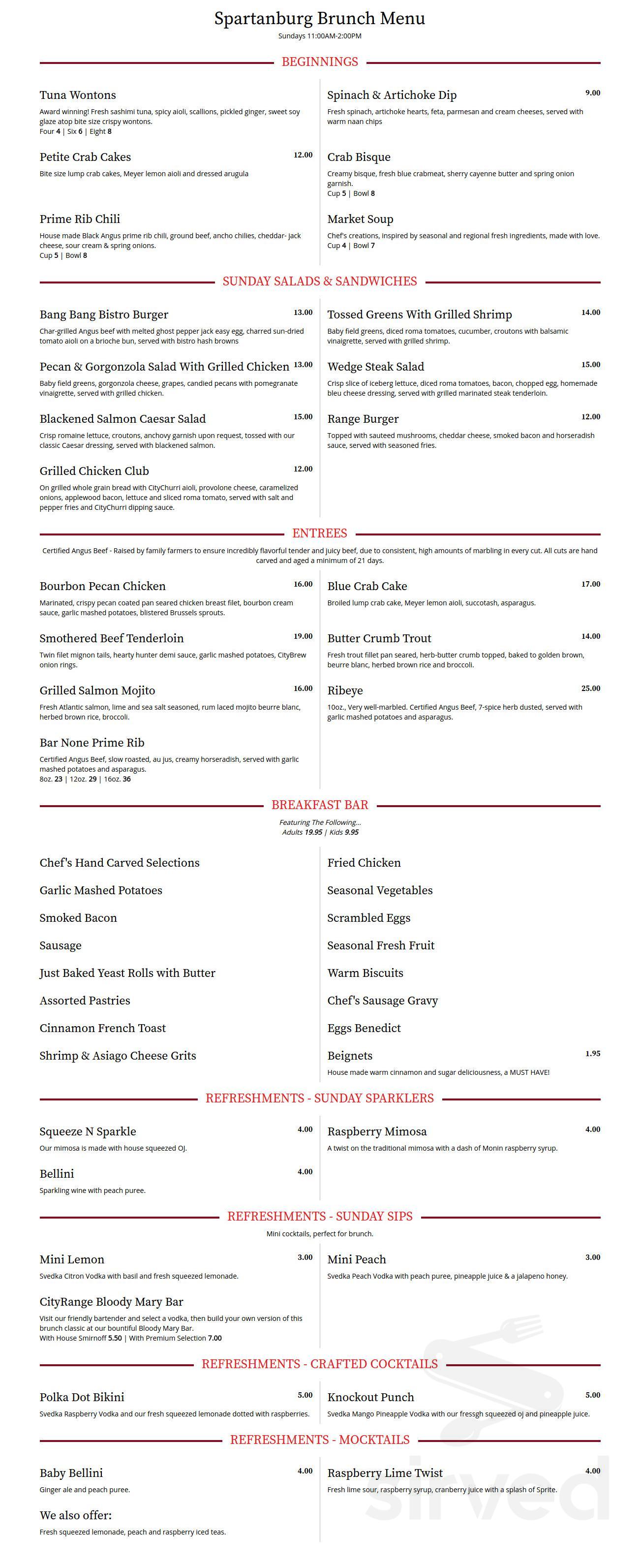 CityRange Steakhouse Grill menu in Spartanburg, South Carolina, USA