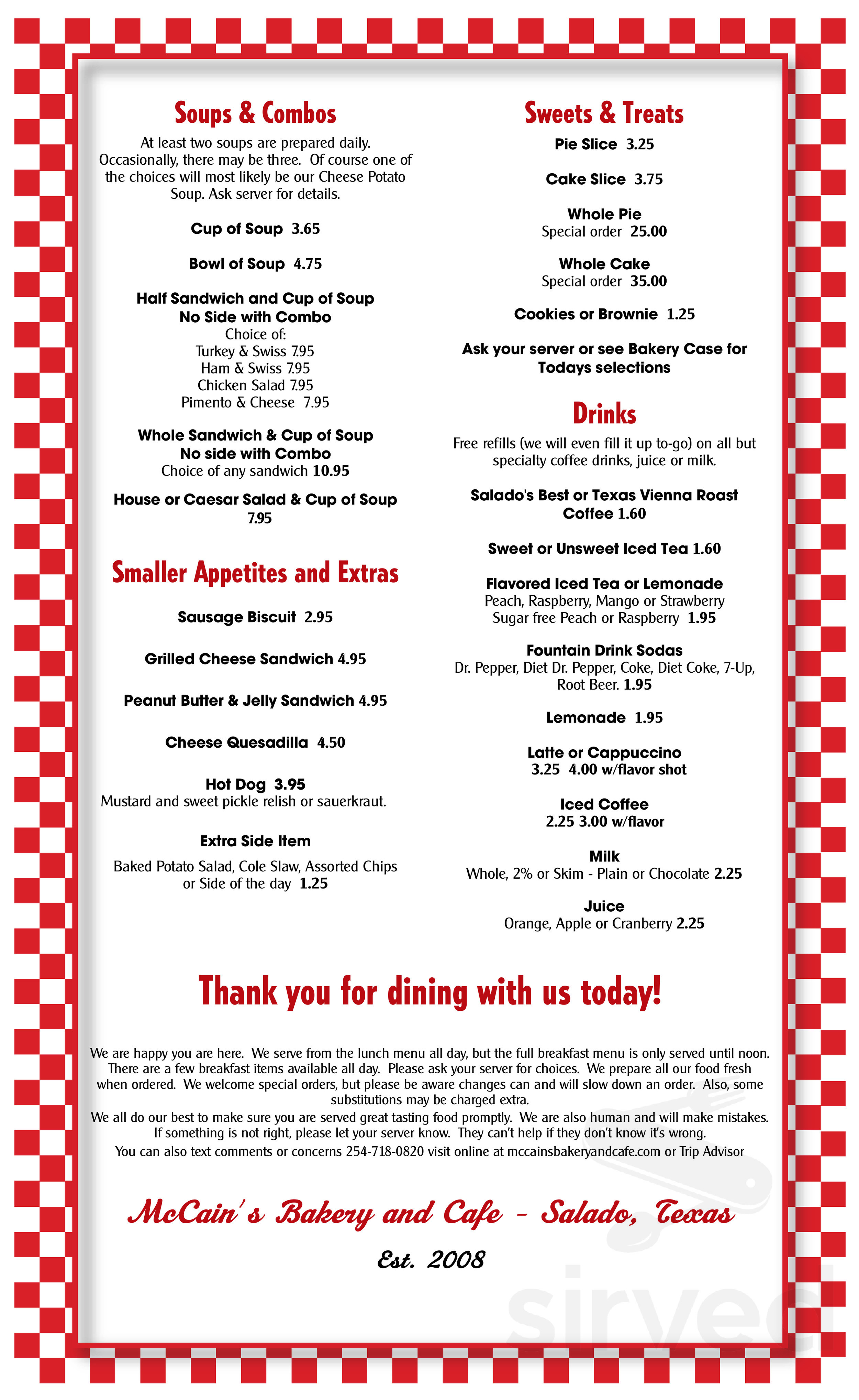 McCain's Bakery & Cafe menus in Salado, Texas, United States