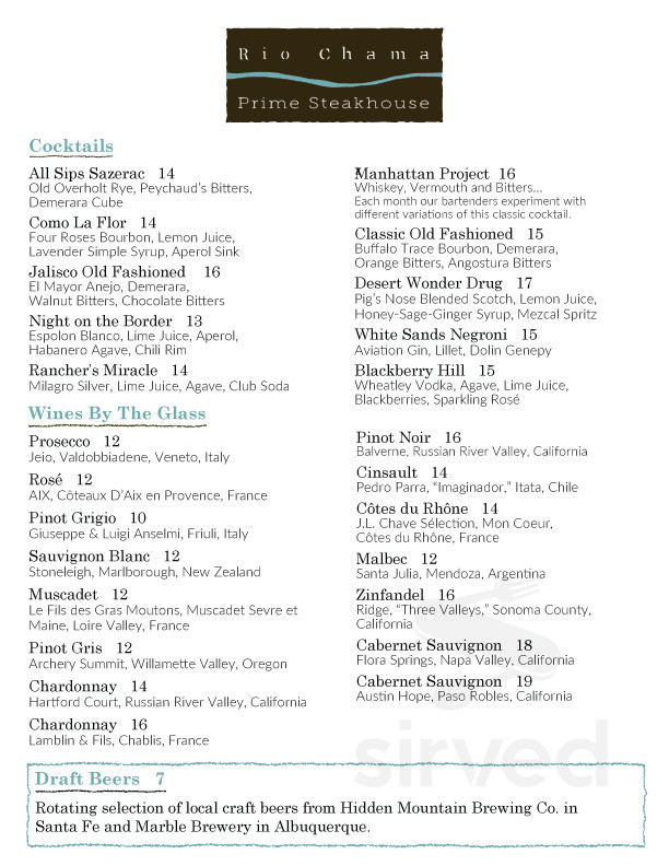 Menu - Santa Fe NM's Rio Chama Prime Steakhouse | Sirved