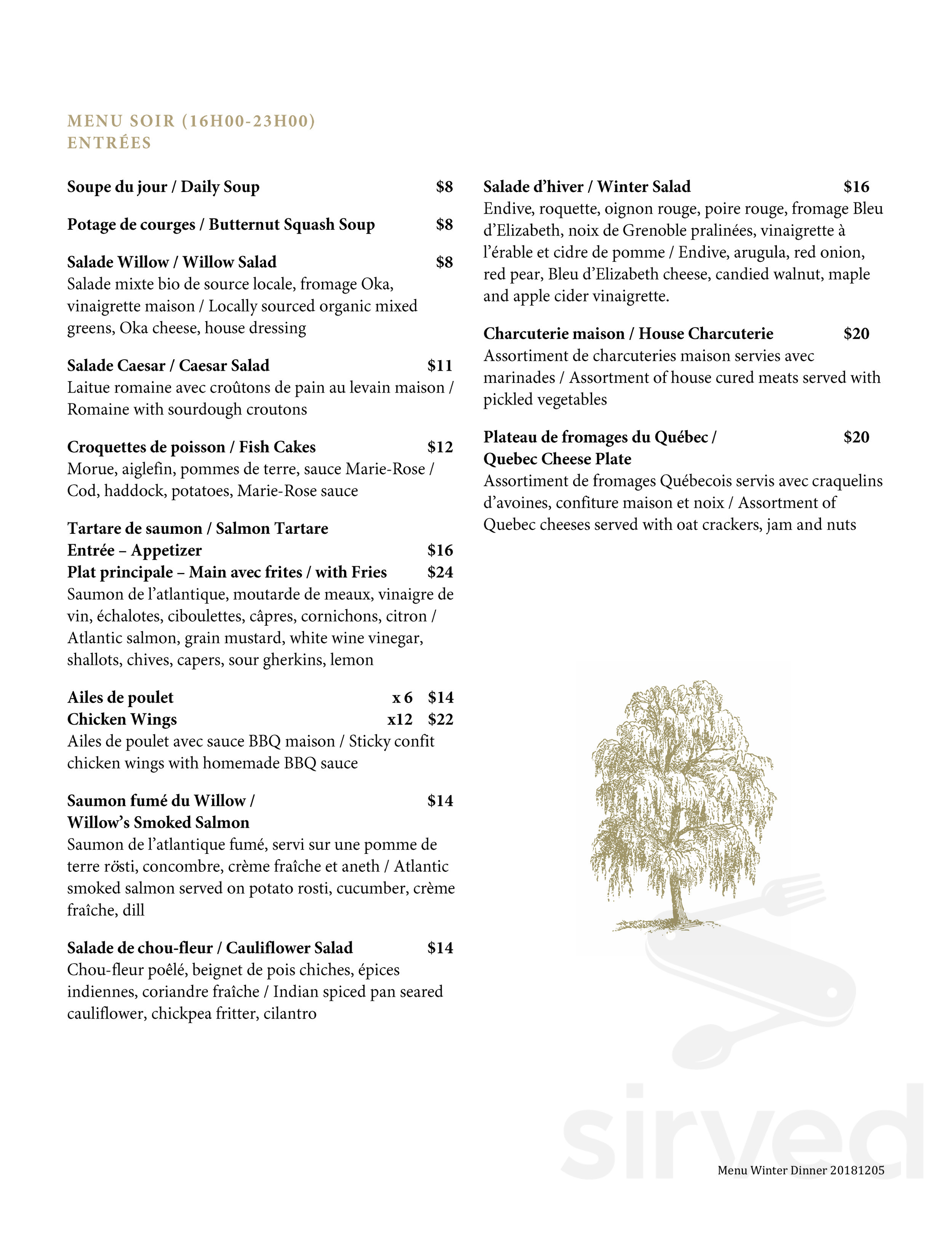 Menu for Auberge Willow Inn in Hudson, QC | Sirved