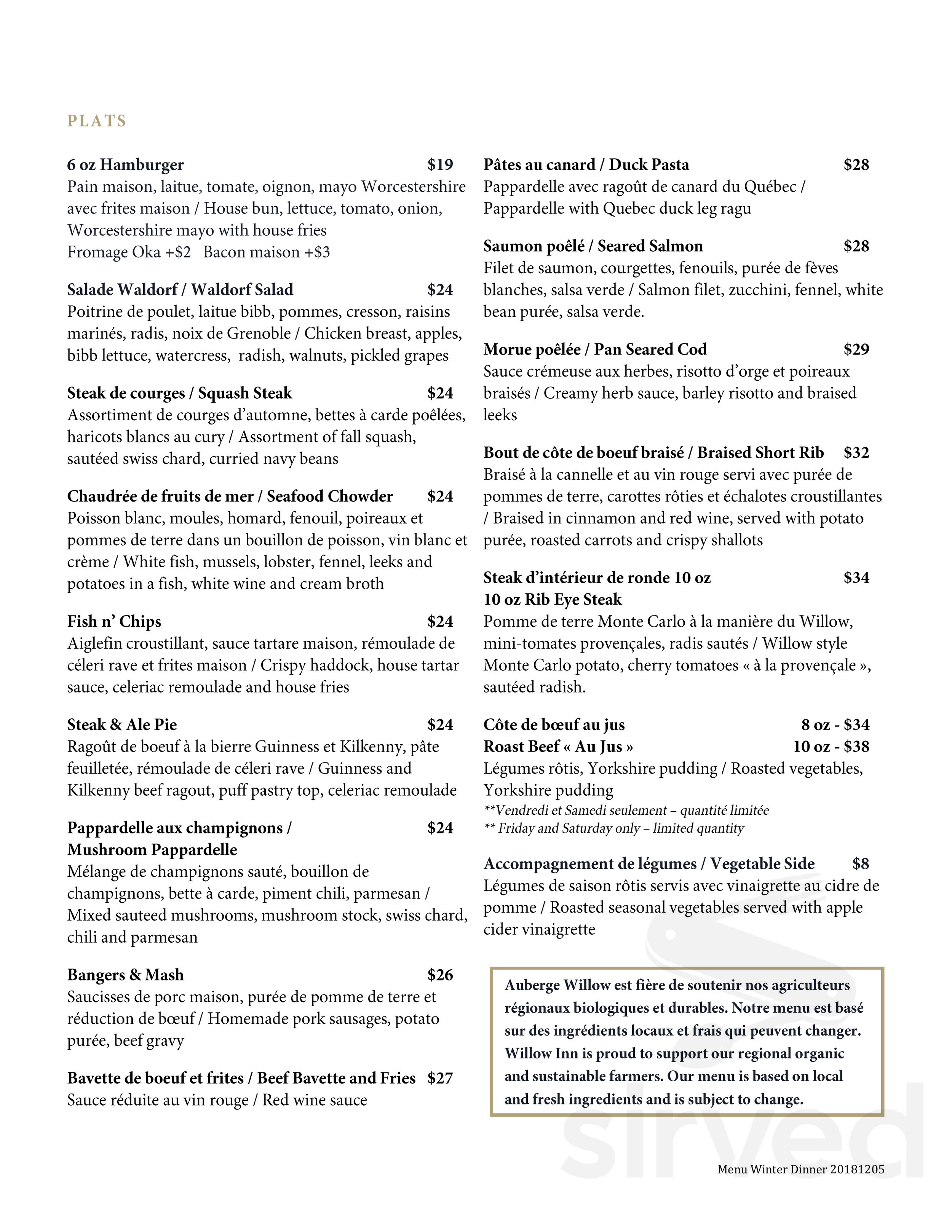 Auberge Willow Inn menu in Hudson, Quebec, Canada