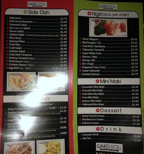 Wako Roll menu in Waco, Texas, USA