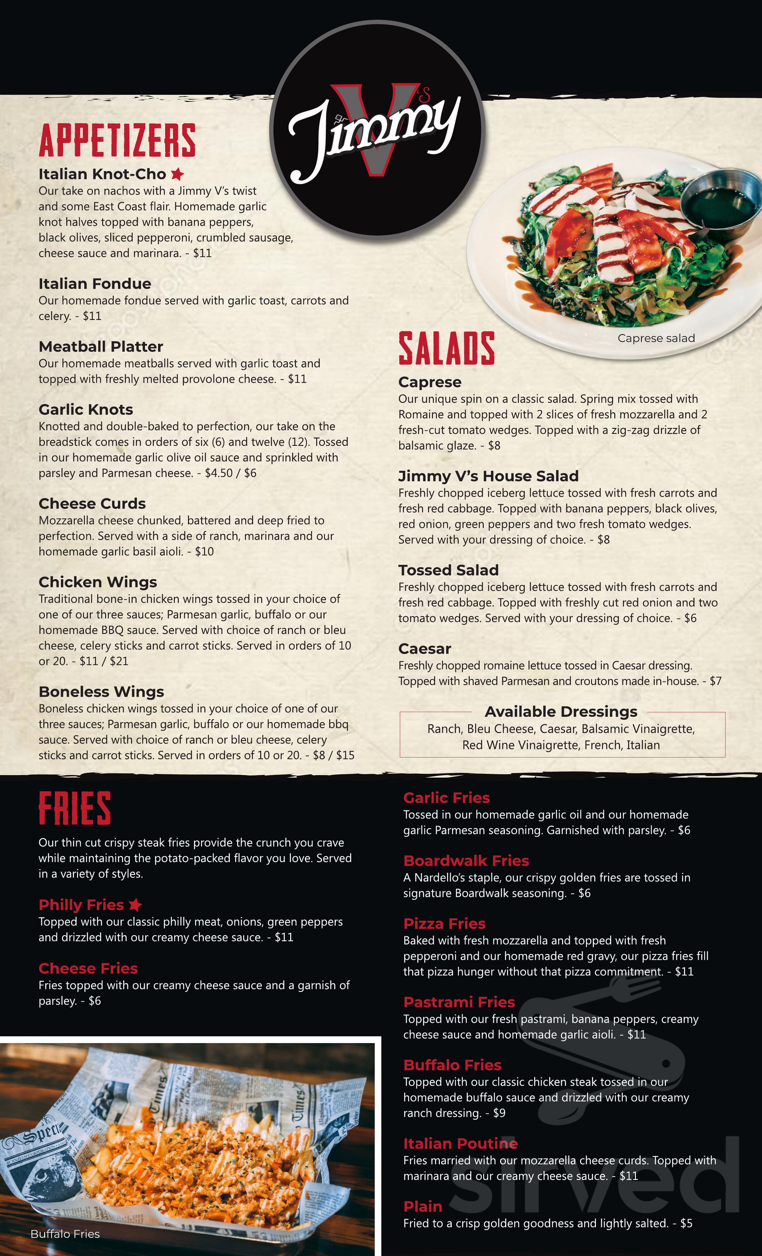 Jimmy V's menu in Bismarck, North Dakota, USA