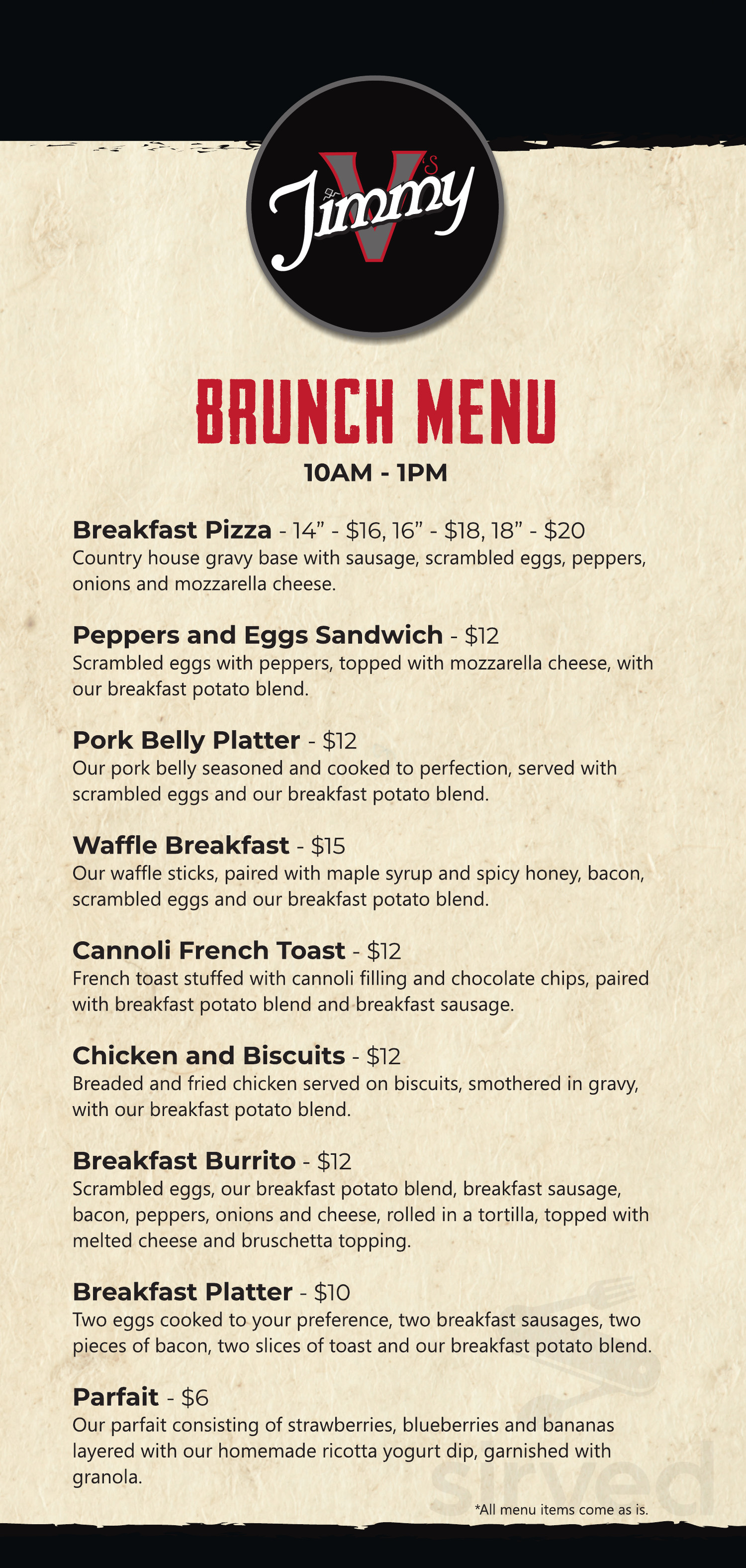 Jimmy V's menu in Bismarck, North Dakota, USA