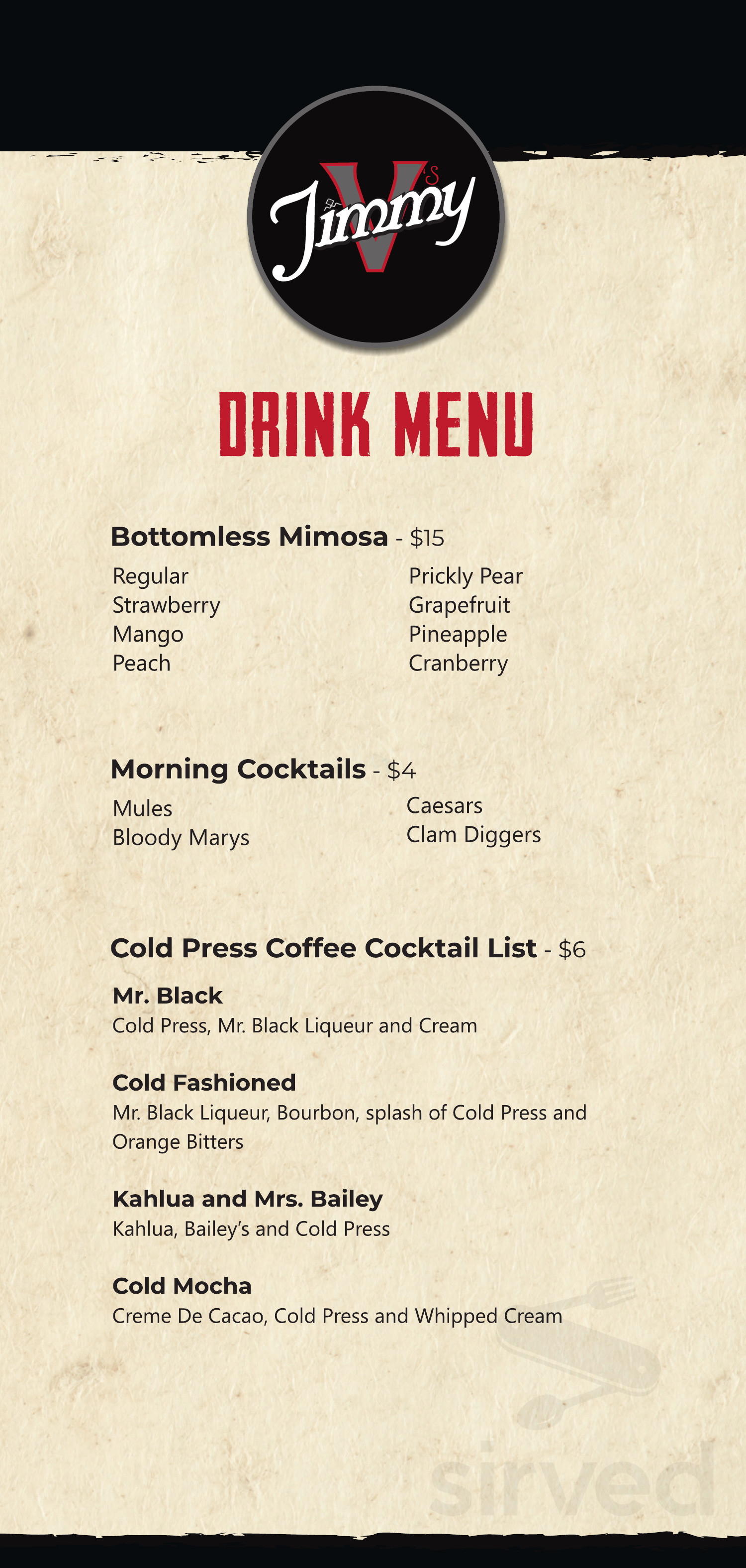 Jimmy V's menu in Bismarck, North Dakota, USA