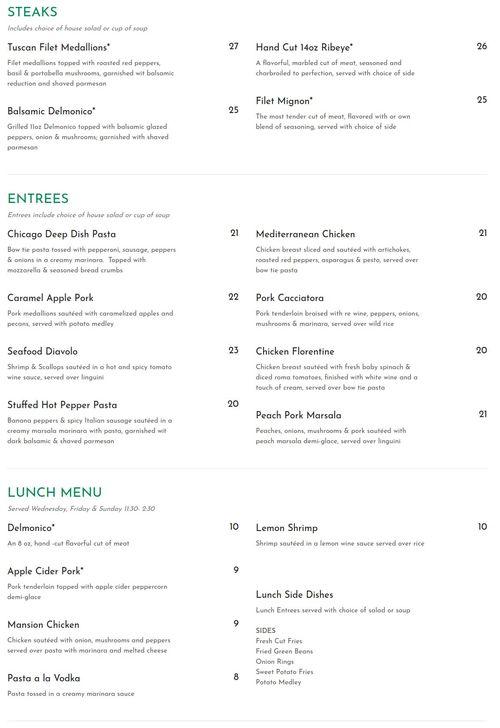 Hart Mansion Restaurant menu in Minerva, Ohio, USA