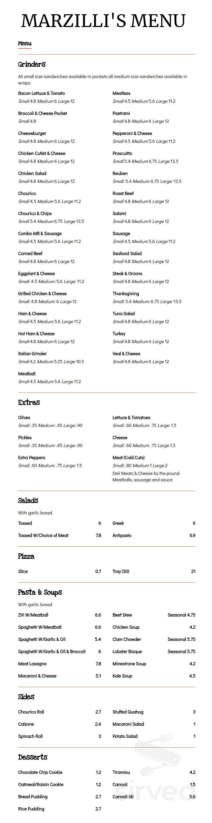 Marzilli's Bakery menu in Fall River, Massachusetts, USA