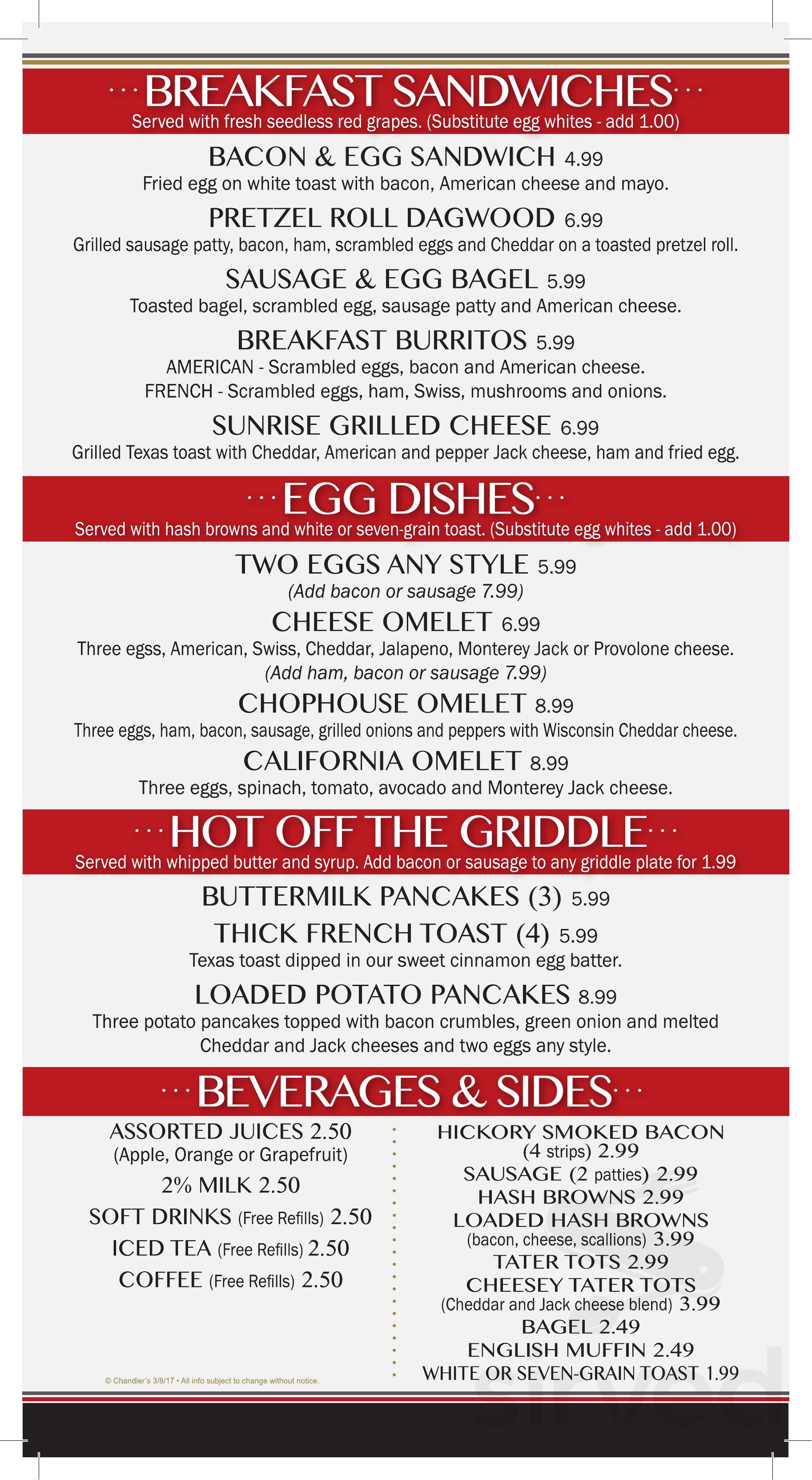 Chandler's Chophouse, Grille & Banquets menu in Schaumburg, Illinois, USA