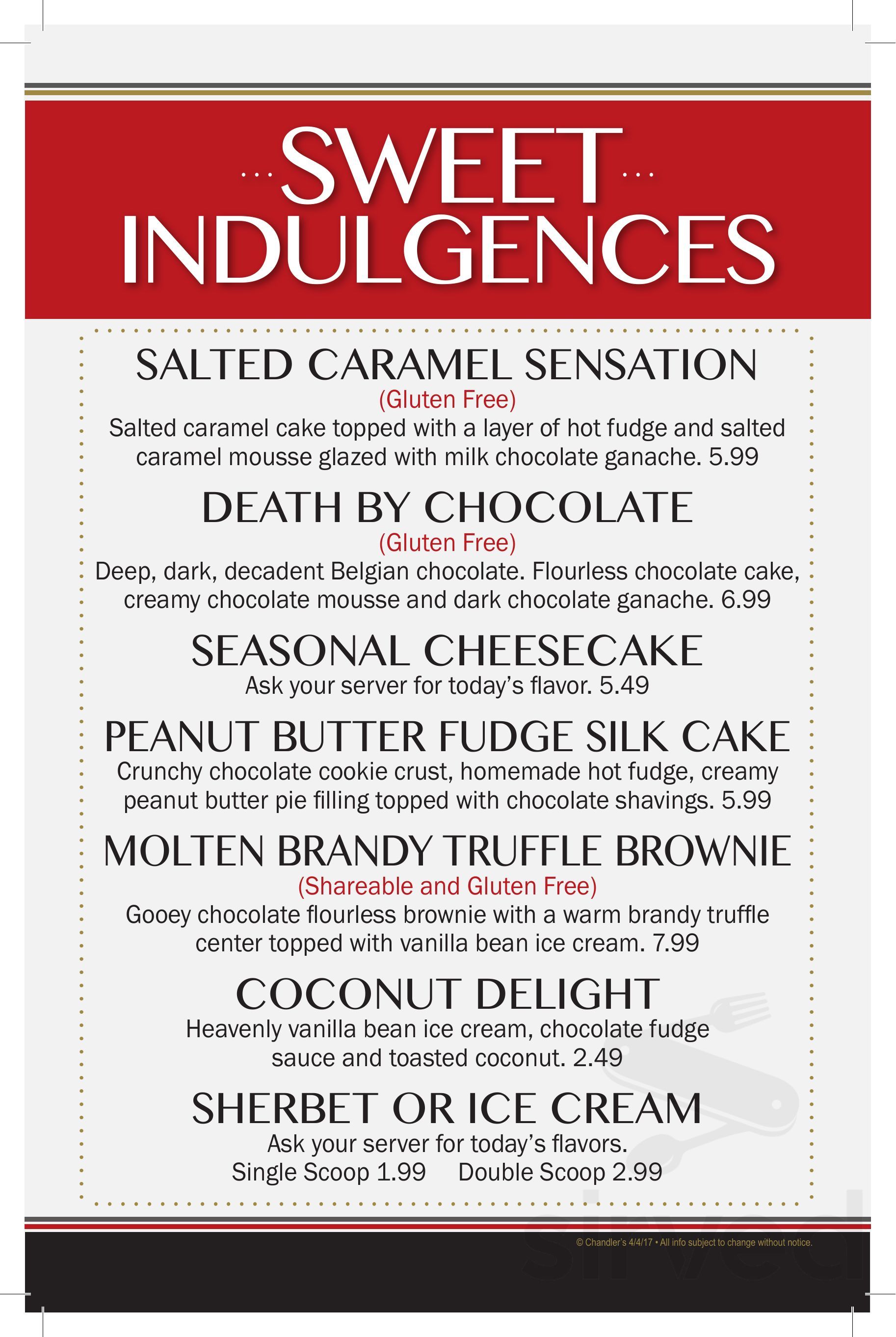 Chandler's Chophouse, Grille & Banquets menu in Schaumburg, Illinois, USA