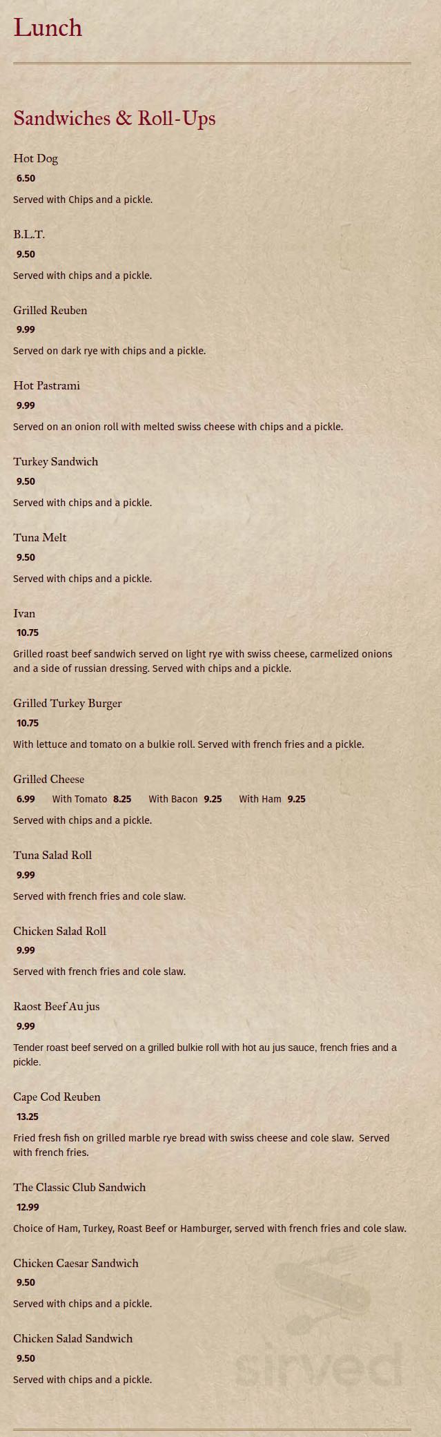 Captain Parker's Pub menu in West Yarmouth, Massachusetts, USA