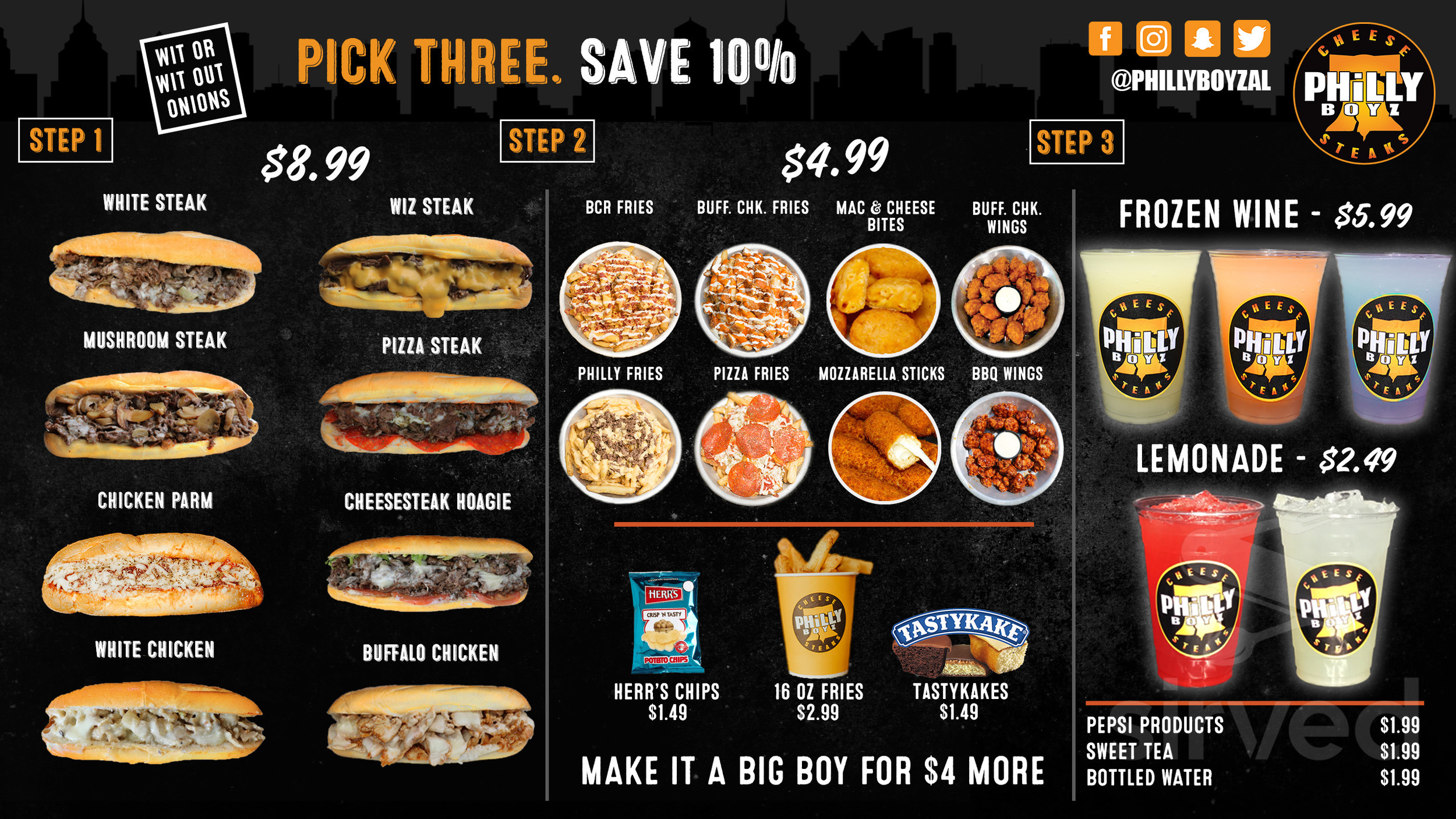 Philly Boyz Cheesesteaks menu in Tuscaloosa, Alabama, USA