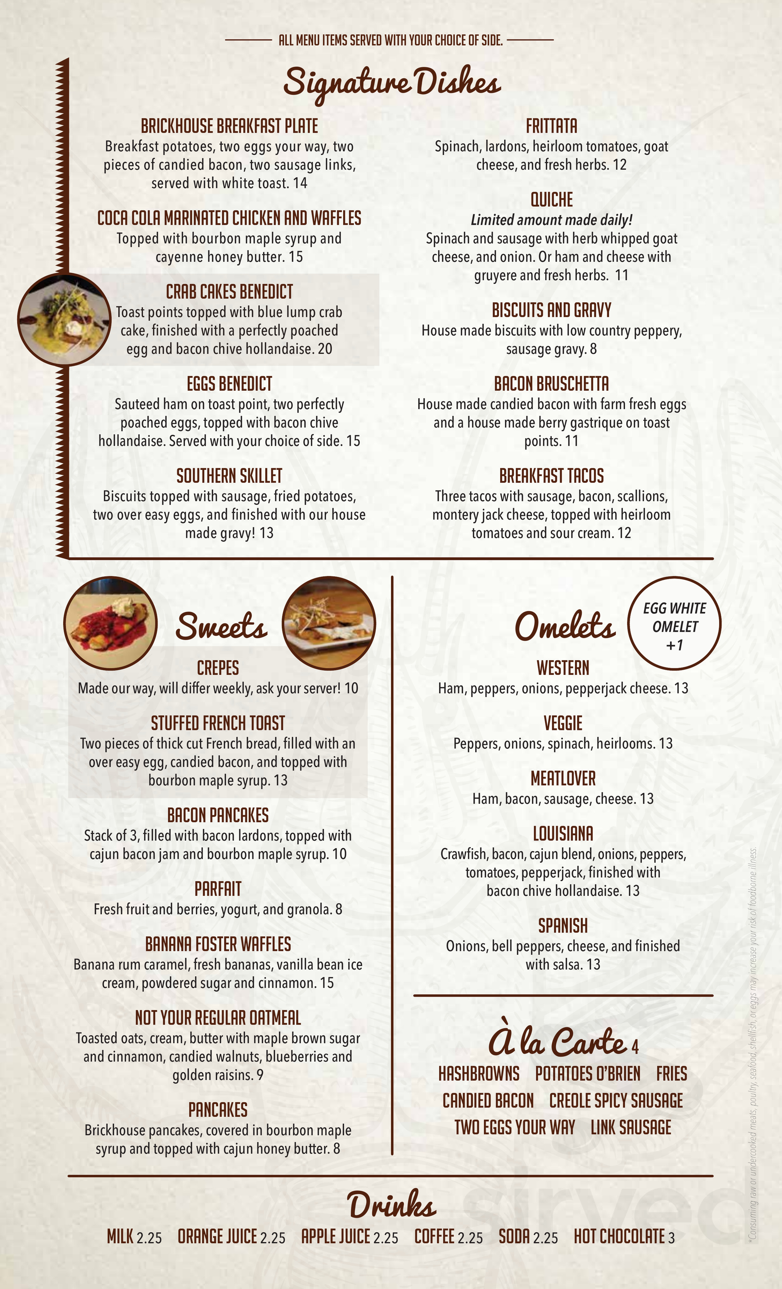 Brick House menu in Lake Ozark, Missouri, USA