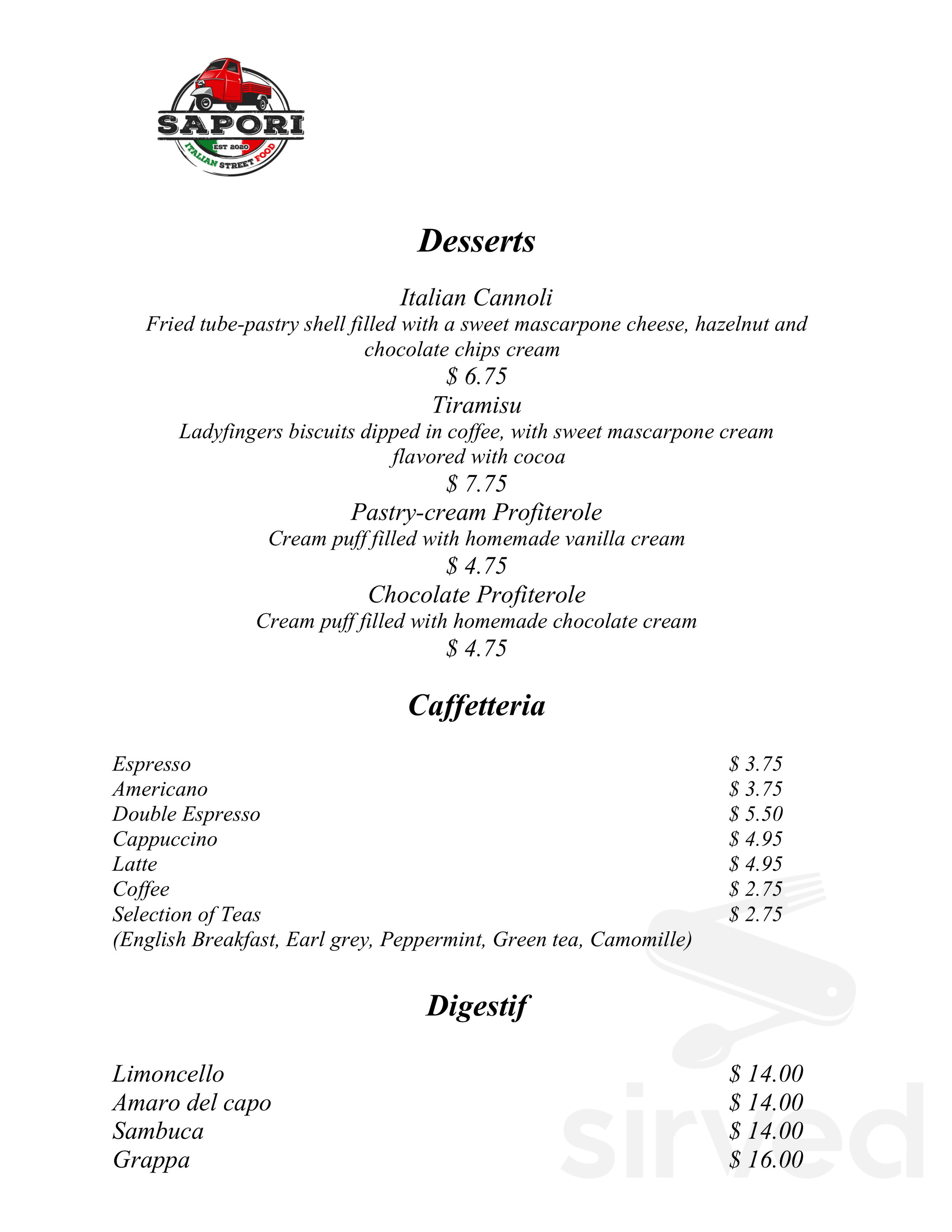 Sapori Italian Street menu in Halifax, Nova Scotia, Canada