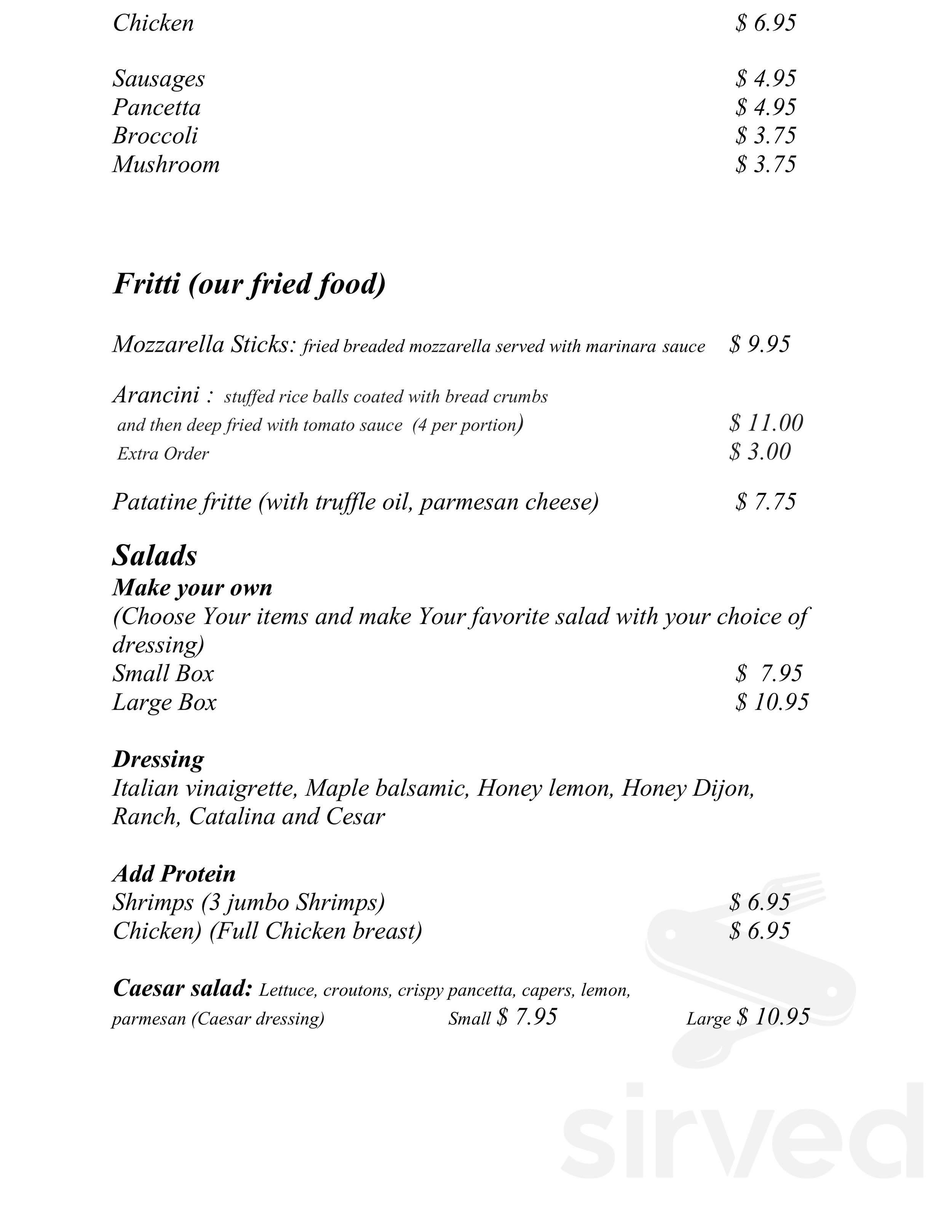 Sapori Italian Street menu in Halifax, Nova Scotia, Canada